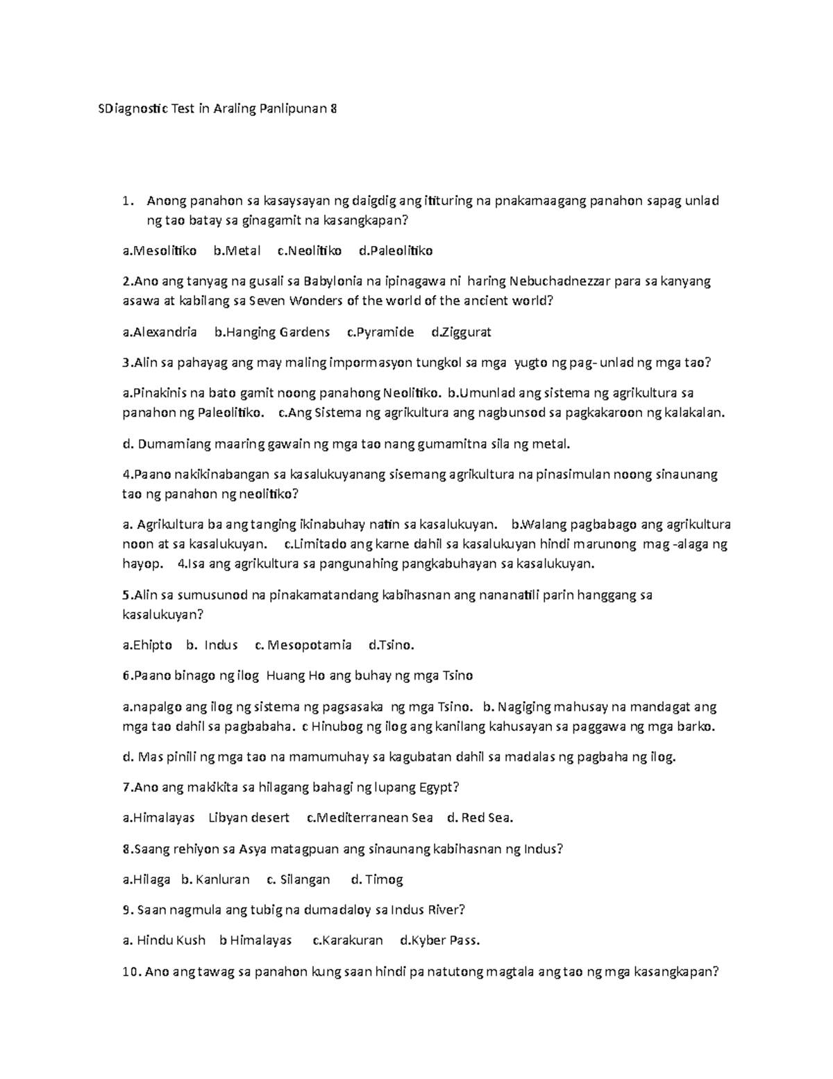 Diagnostic Test for Araling Panlipunan 8: Key Questions and Answers ...