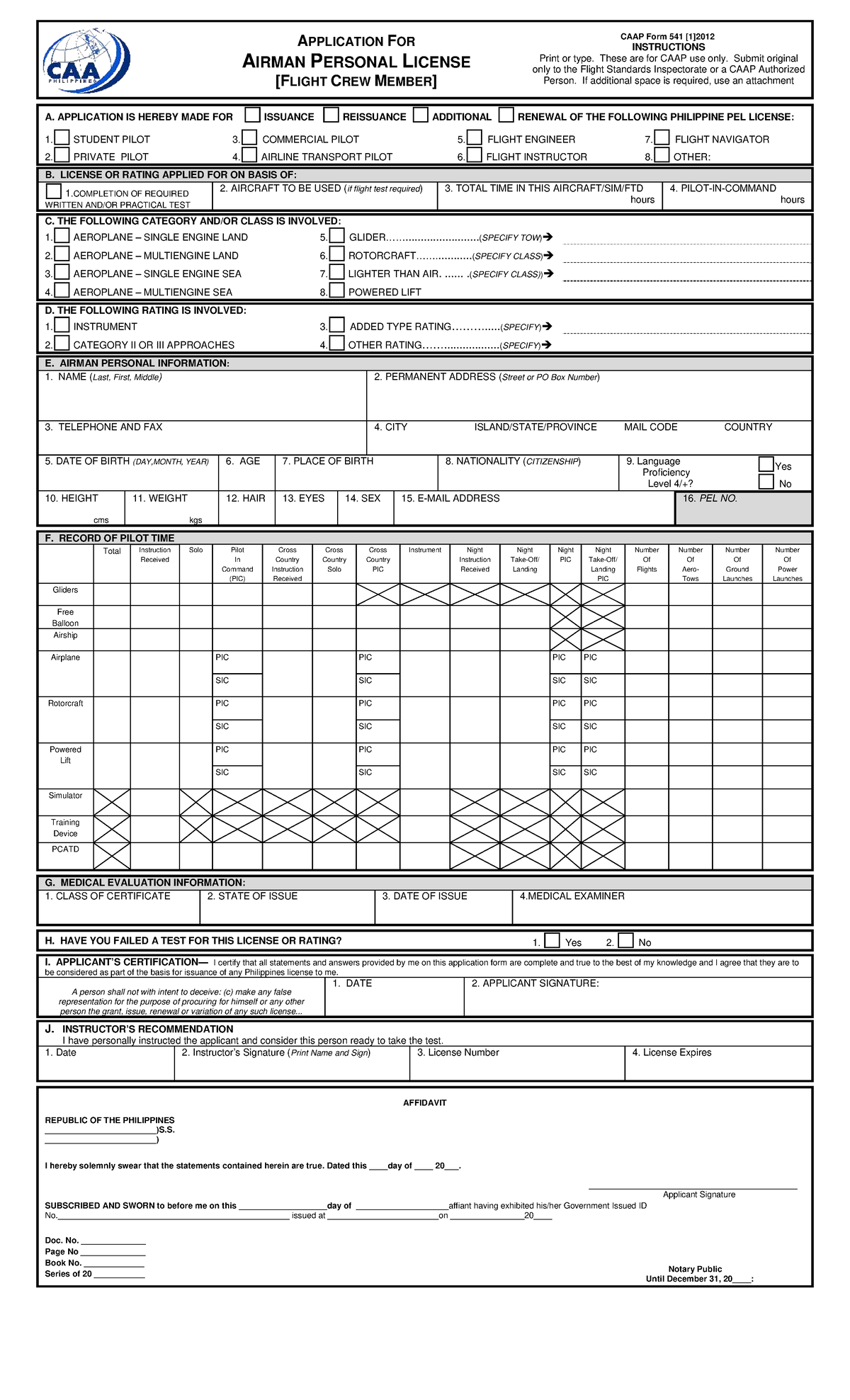 CAAP Form 541: Application for Airman Personal License Renewal - Studocu