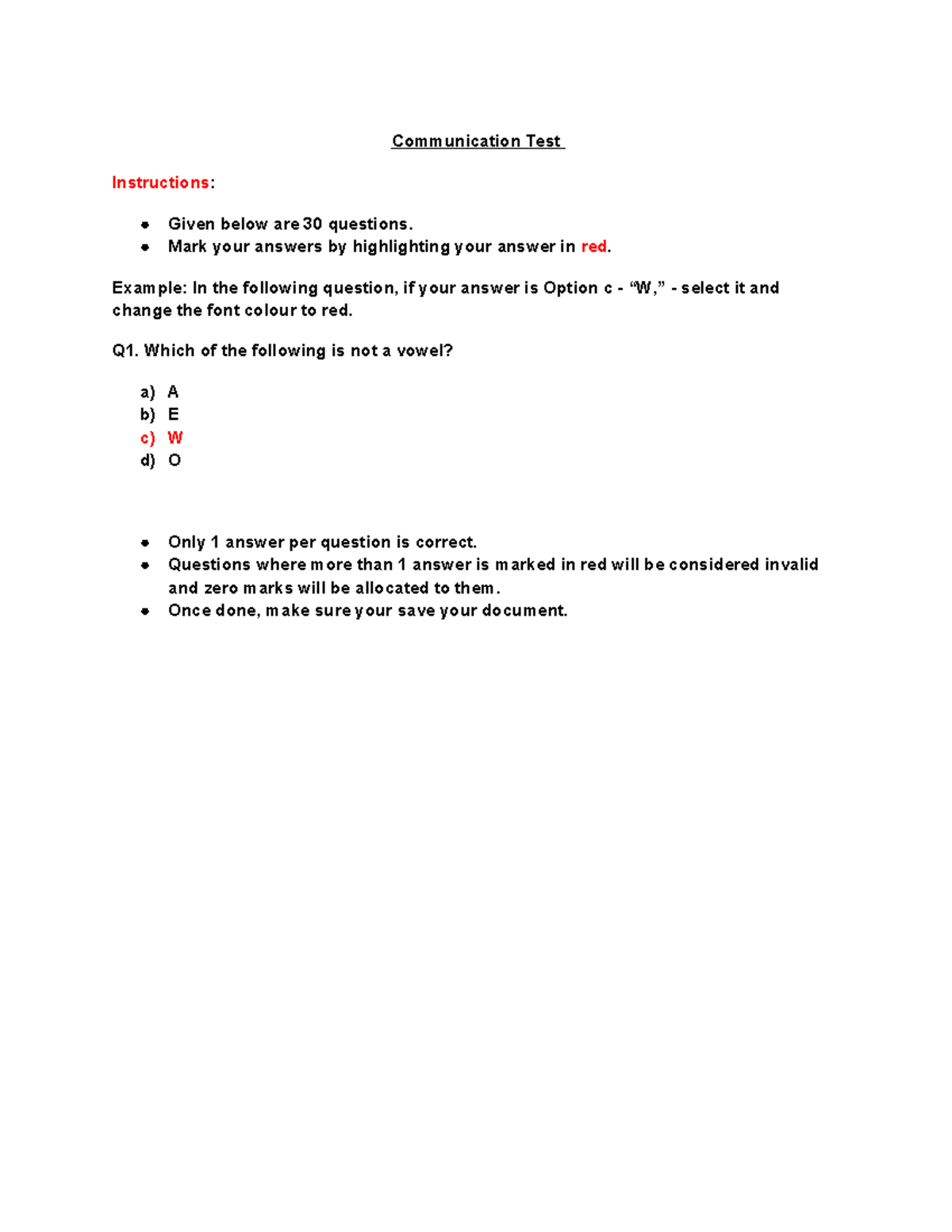 Communication Test Instructions: Answer 30 Questions with Highlighted ...