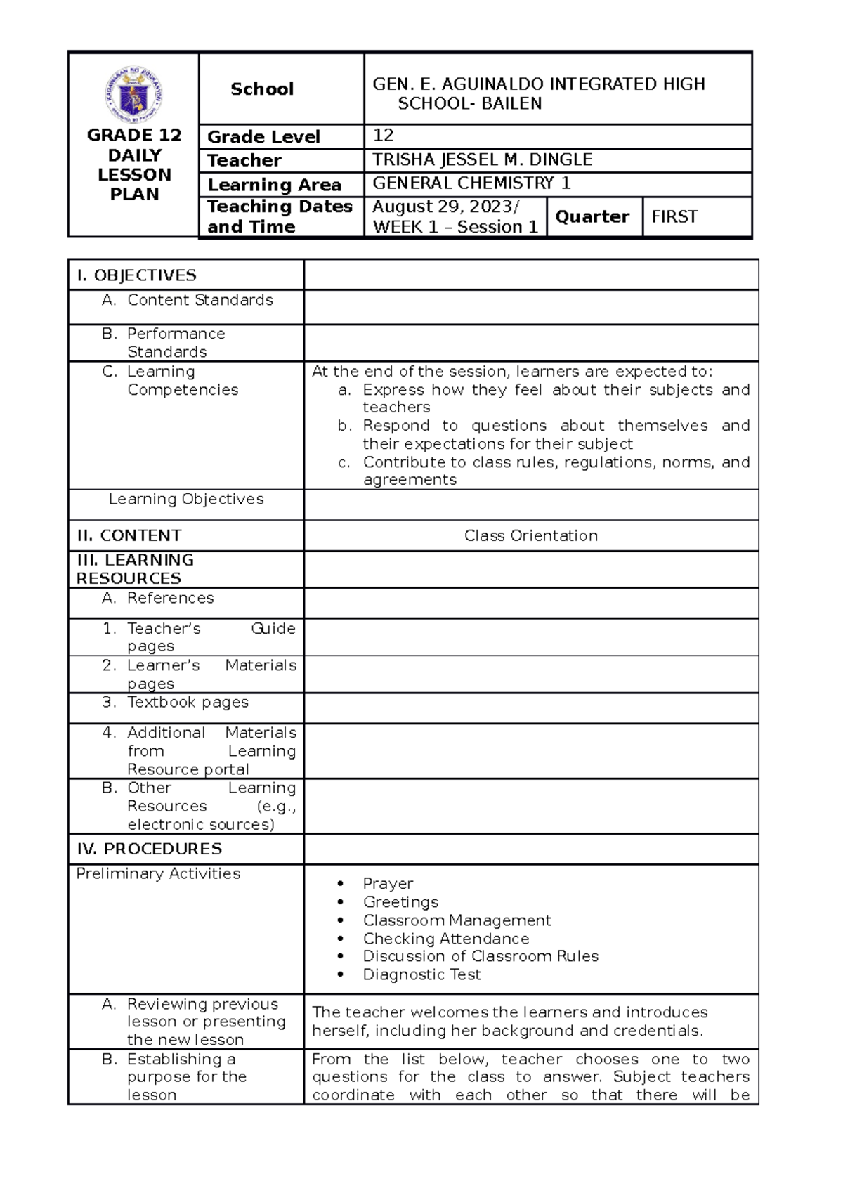 Gen Chemistry 1 DLP: Weekly Lesson Plans for Quarter 1, Weeks 1-2 - Studocu