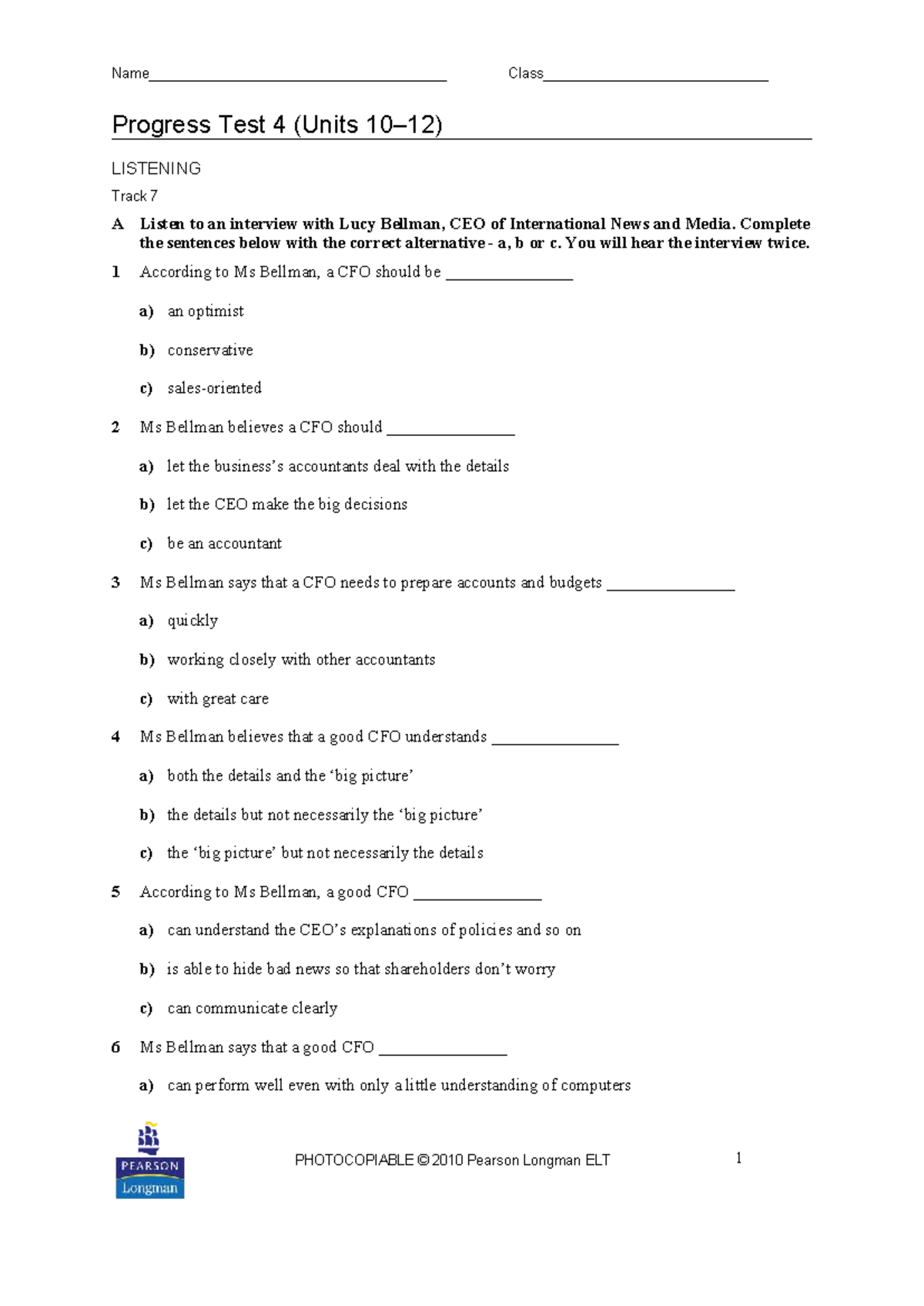 Progress Test 4 - Market Leader Intermediate Listening & Reading ...