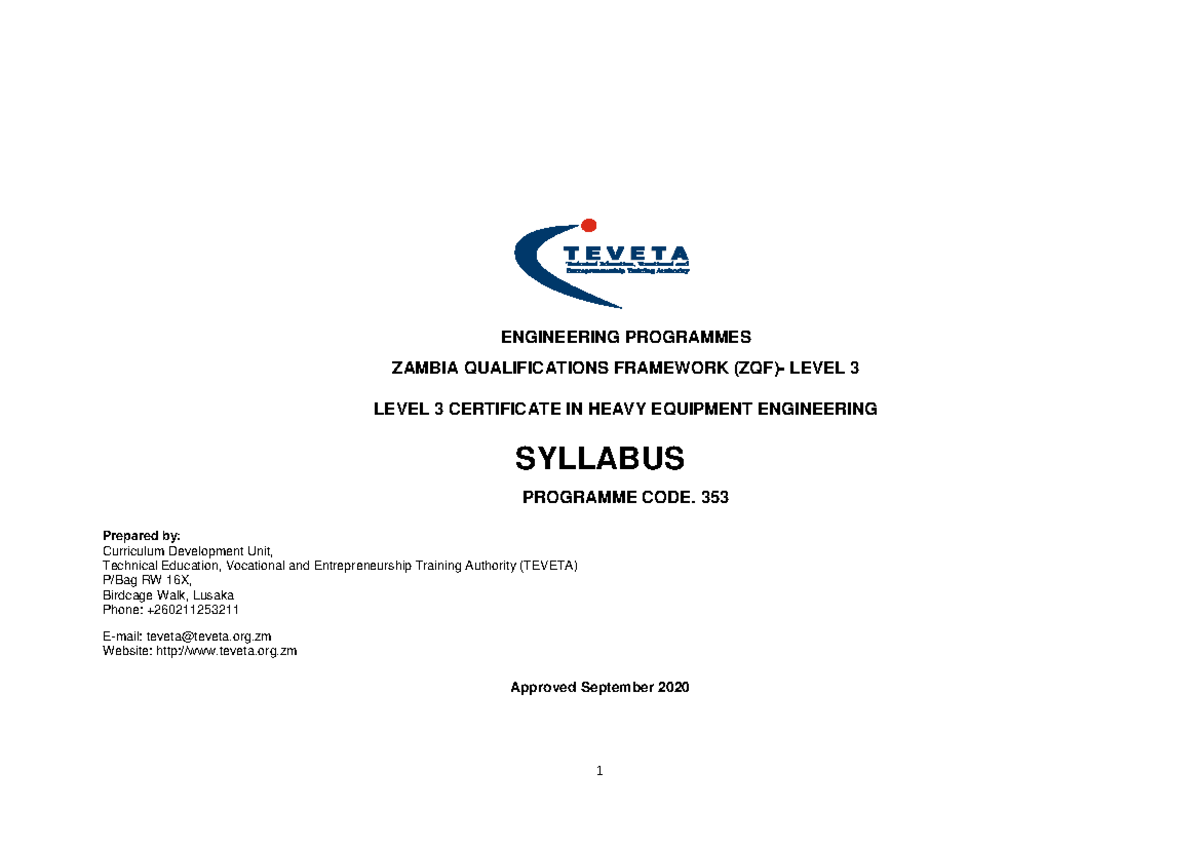 Heavy Equipment Engineering Syllabus (353) - TEVETA 2023 - Studocu