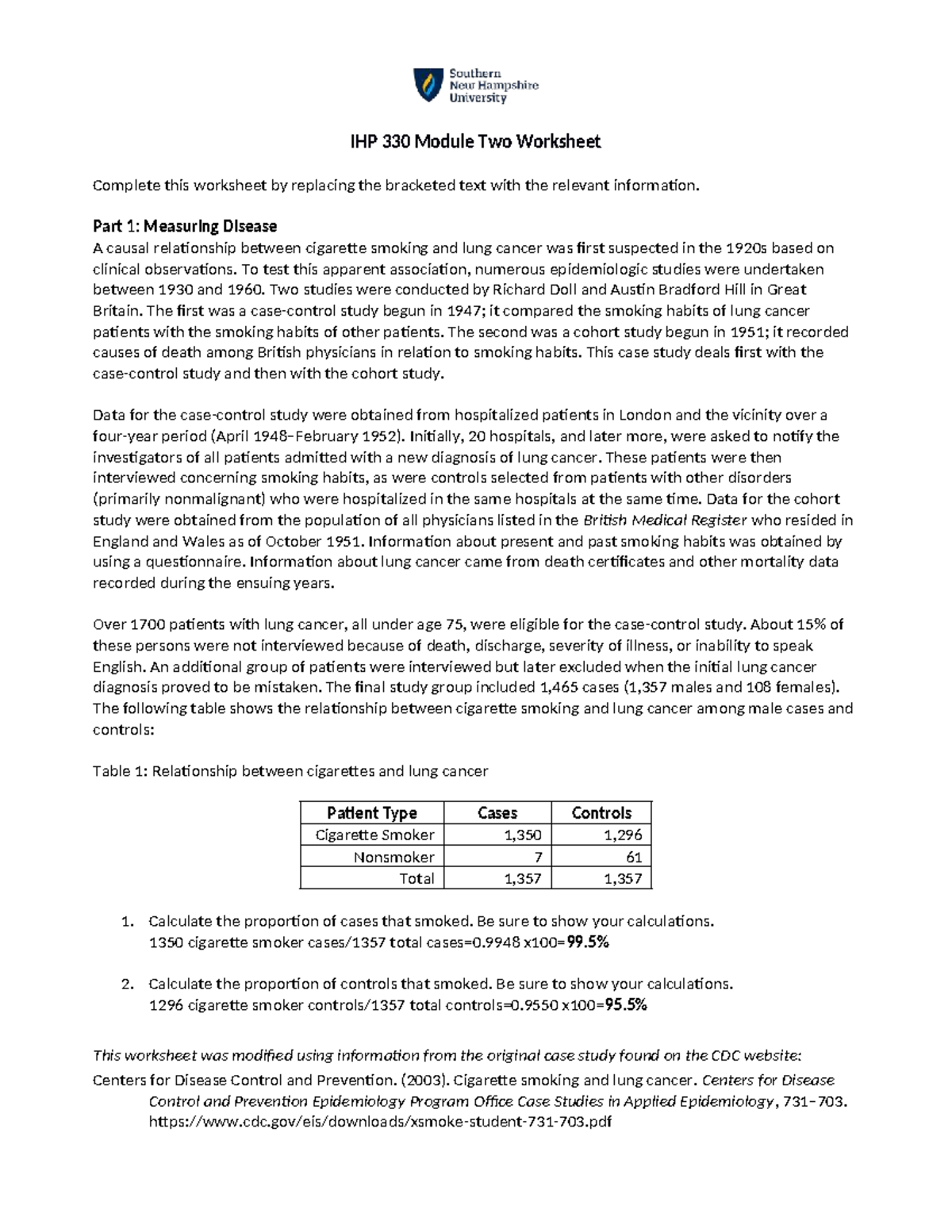 IHP 330 Module Two Worksheet: Epidemiology of Smoking & Lung Cancer ...