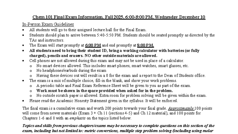 CHEM 101 Final Exam Guidelines & Key Topics, Fall 2025 - Studocu
