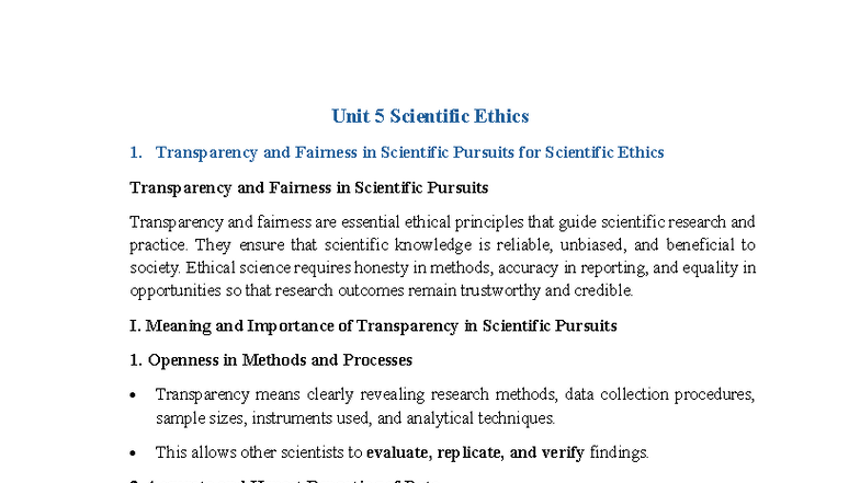 Unit 5: Scientific Ethics - Transparency & Fairness in Research - Studocu