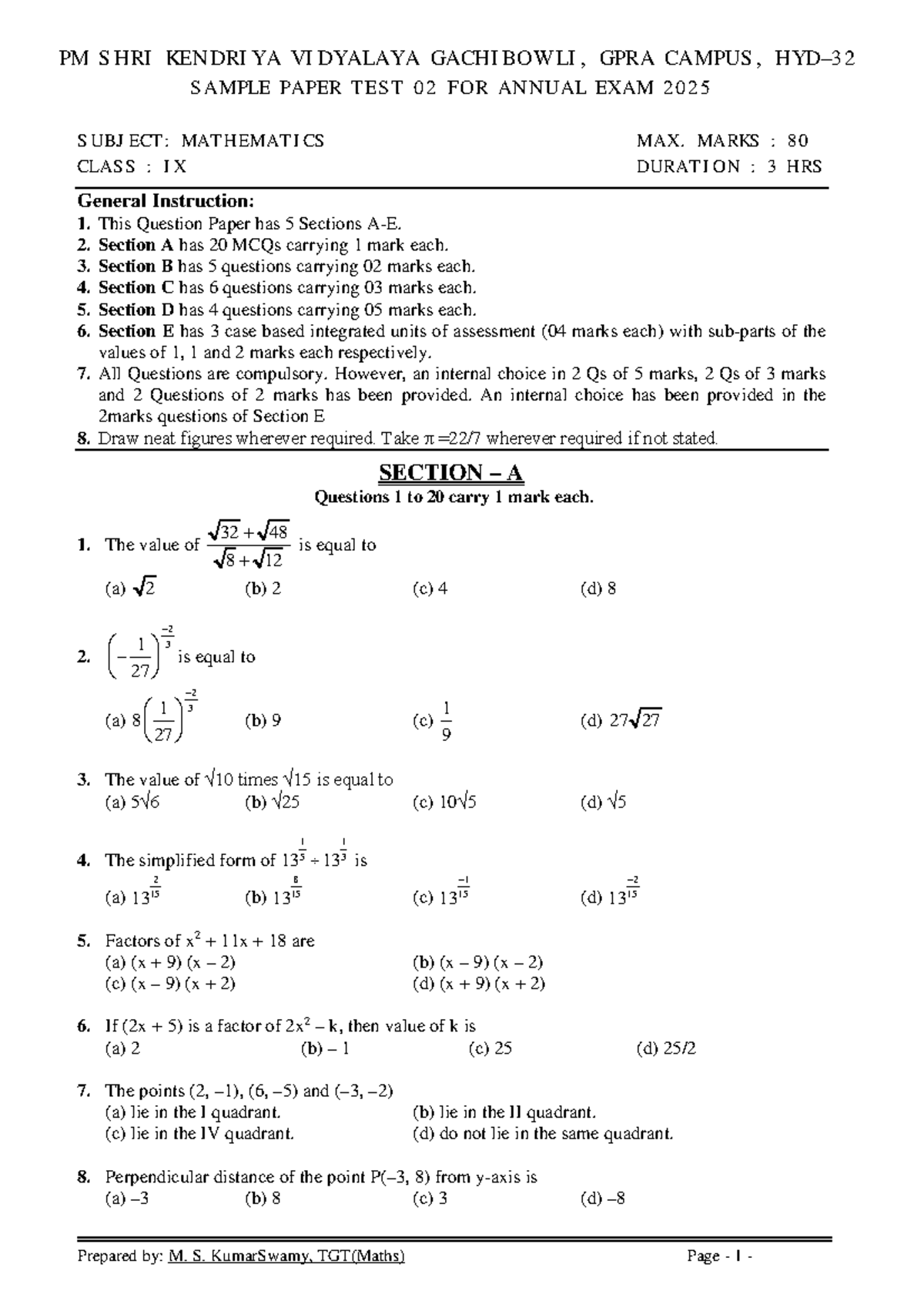 Maths class ix sample paper test 02 for annual exam 2025 qp - PM SHRI ...