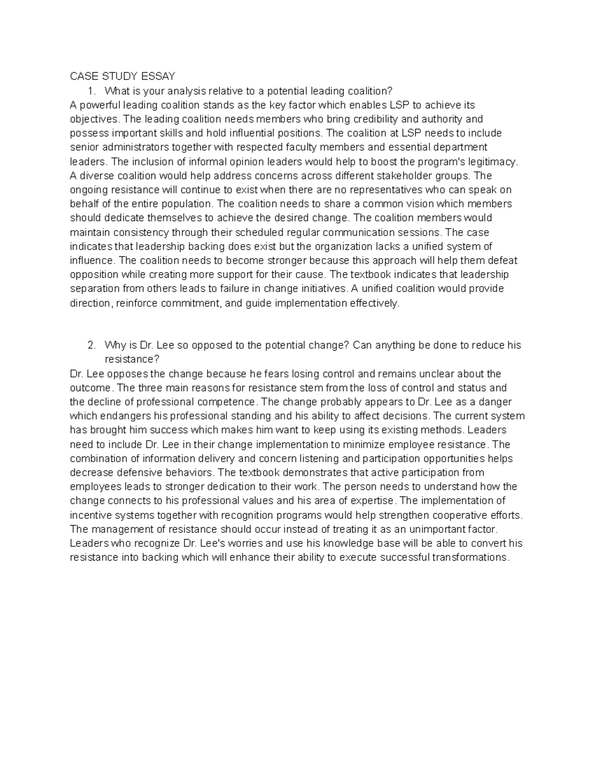 CH15 CASE STUDY ESSAY: Analyzing Leading Coalitions and Resistance - Studocu