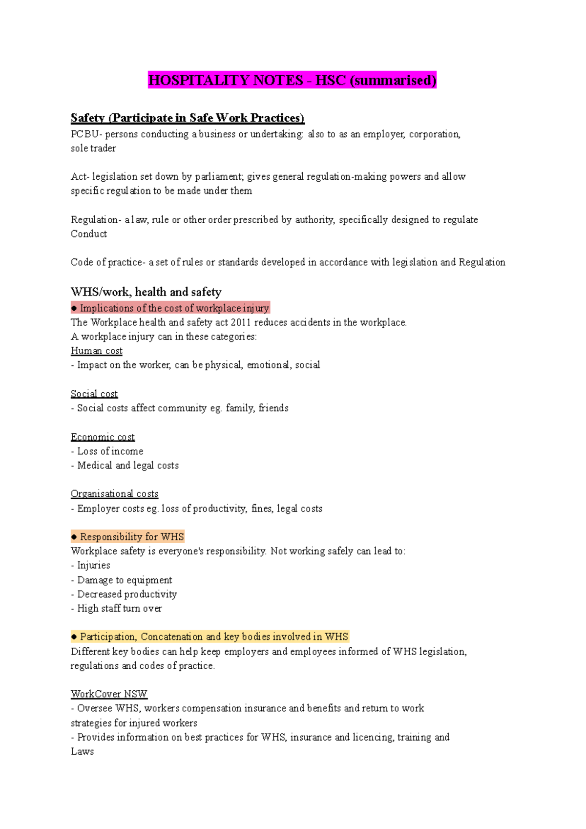 HSC Hospitality Notes: Workplace Safety & Hygiene Practices - Studocu