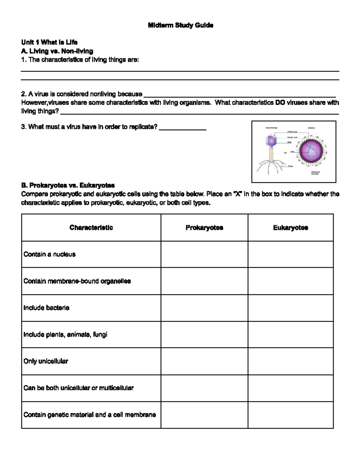 Bio - notes - Midterm Study Guide Unit 1 What is Life A. Living vs. 1 ...