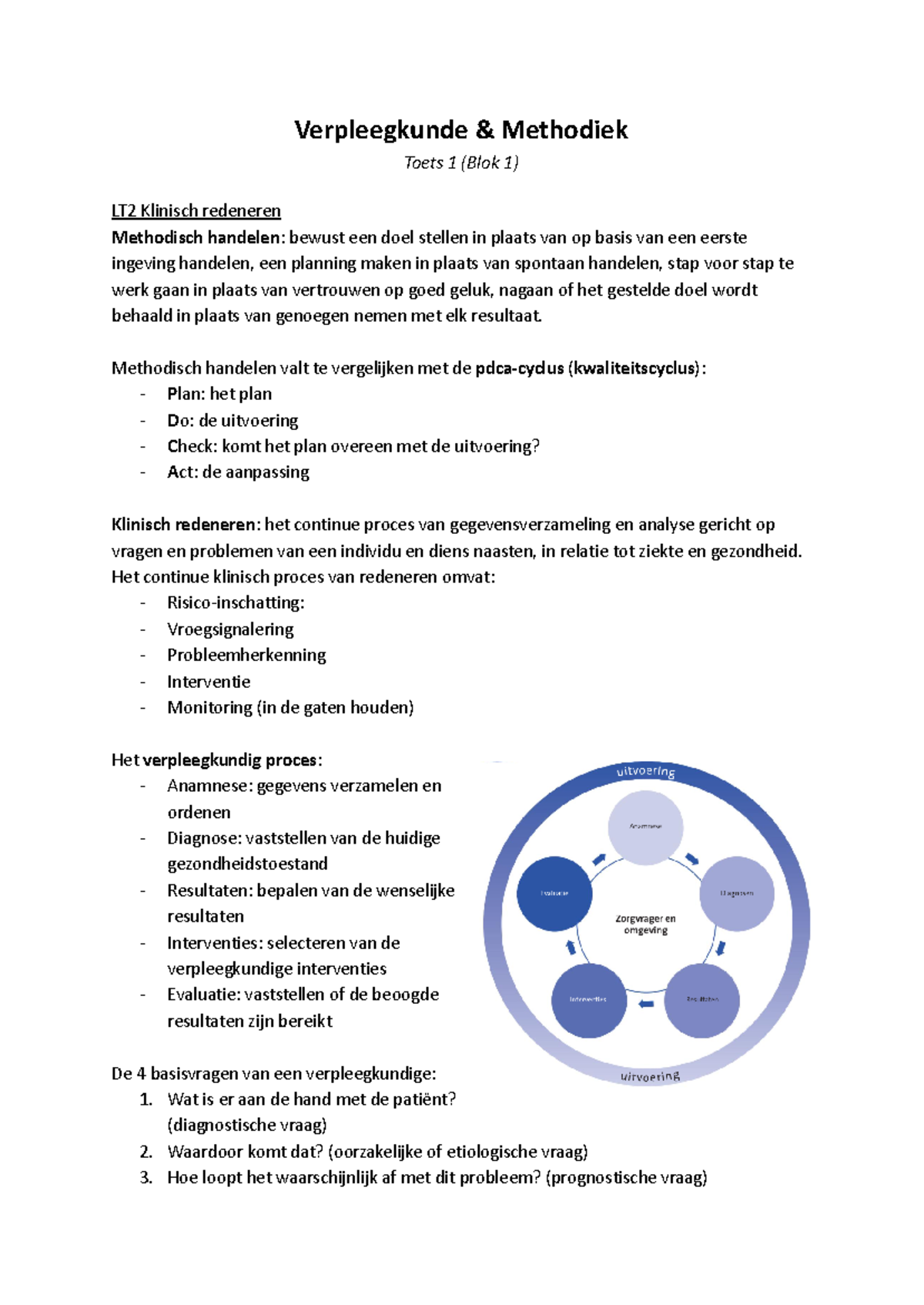 Verpleegkunde & Methodiek 1: Toets 1 (Blok 1) - Klinisch Redeneren ...