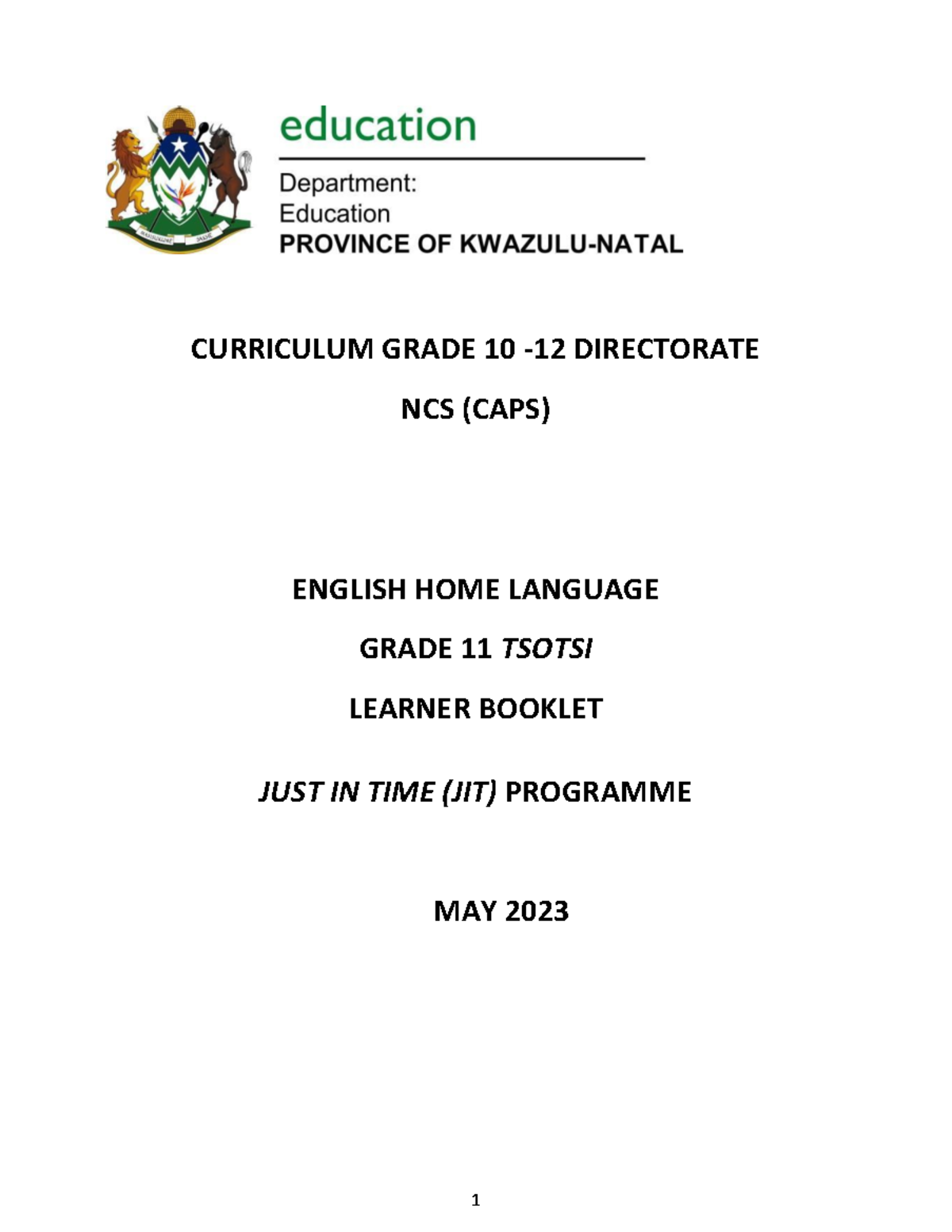 'Grade 11 English Home Language: Tsotsi Learner Guide & Analysis' - Studocu