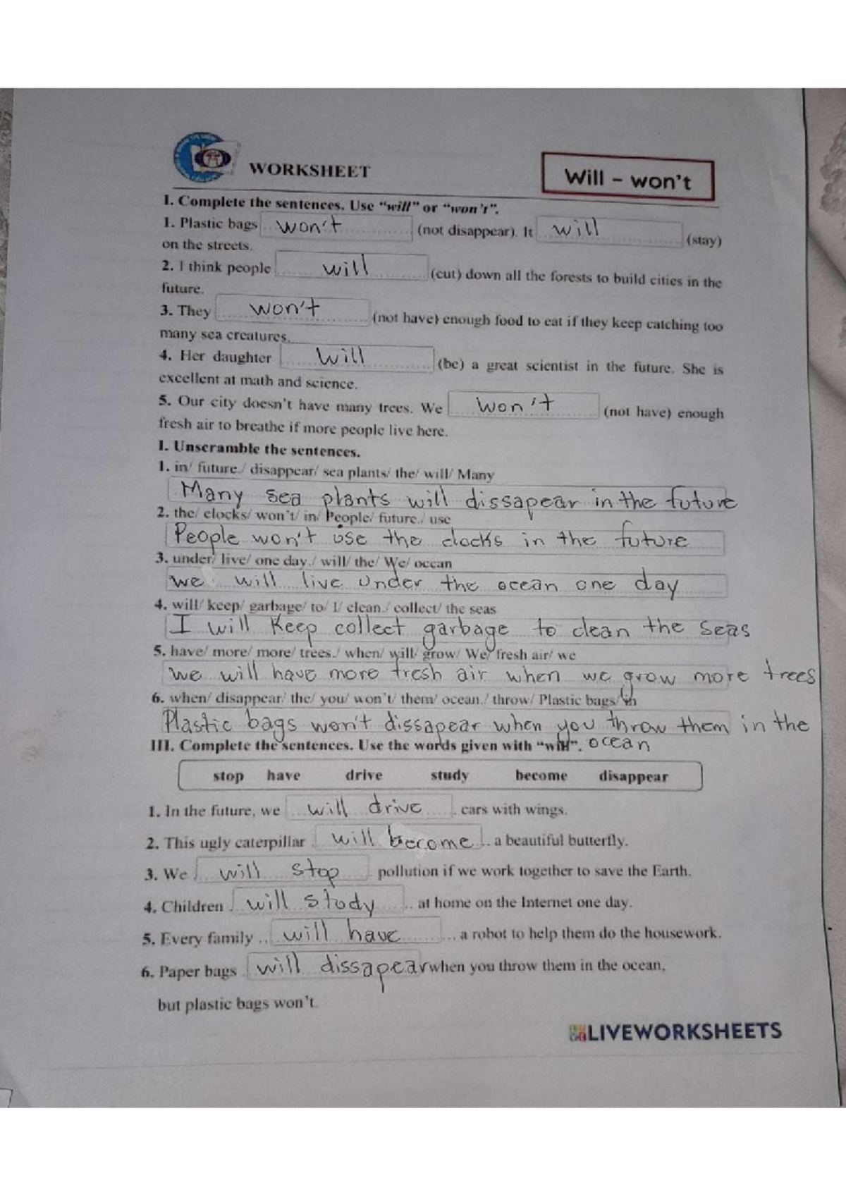 Worksheet: WILL and WON'T Practice Exercises - Studocu