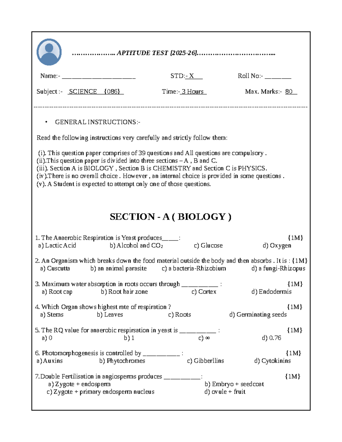 APTITUDE TEST SCIENCE X - Comprehensive Question Paper Analysis - Studocu