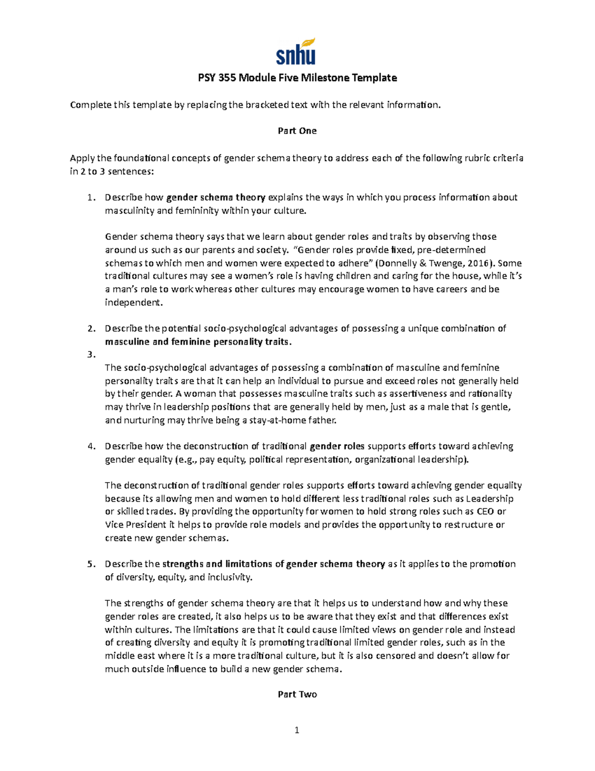 PSY 355 Module Five Milestone: Gender Schema & Social Role Theories ...