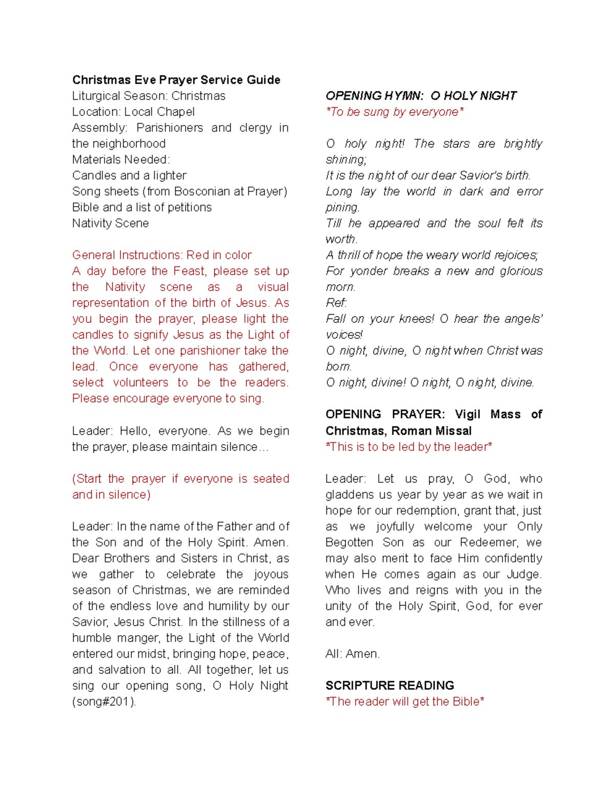 Christmas Eve Prayer Service Guide for Local Chapel Assembly - Studocu