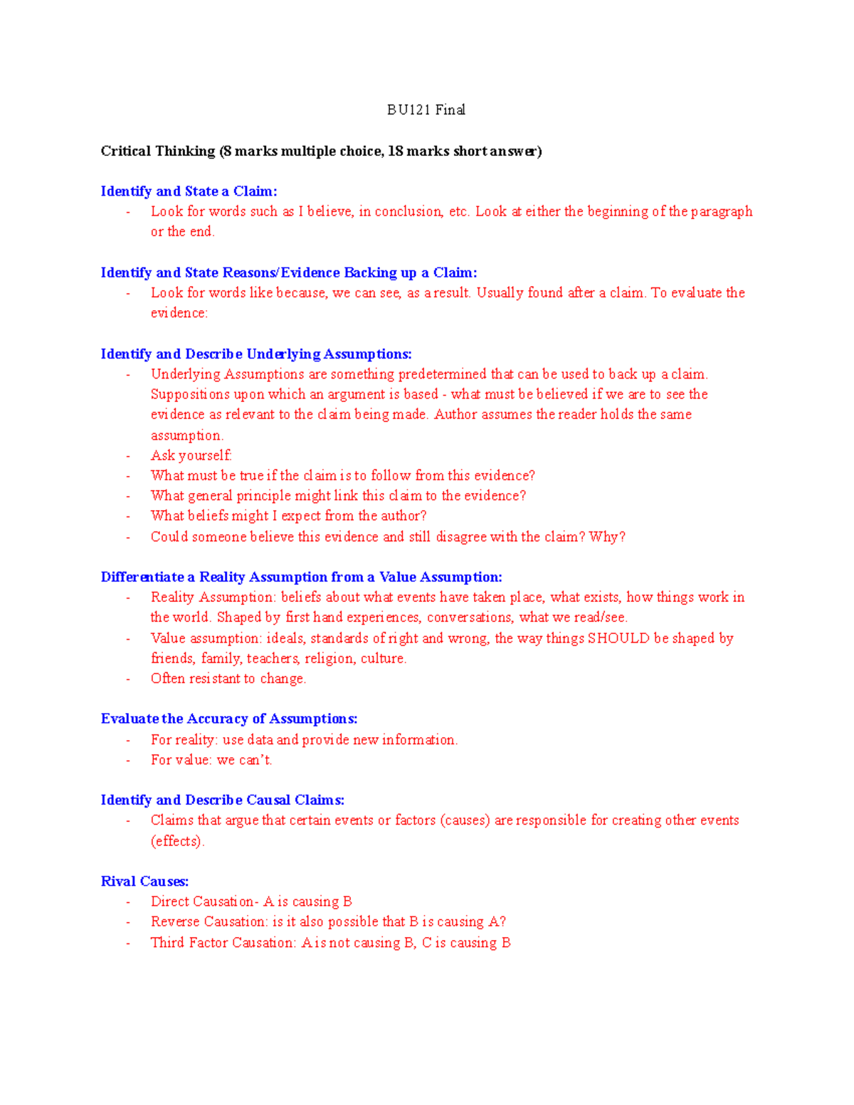 BU121 Final Exam: Critical Thinking and Argument Analysis Guide - Studocu