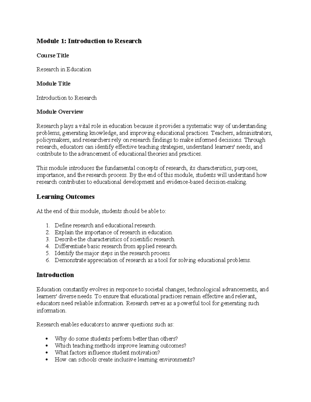 Module 1: Introduction to Research in Education - Lecture Notes - Studocu