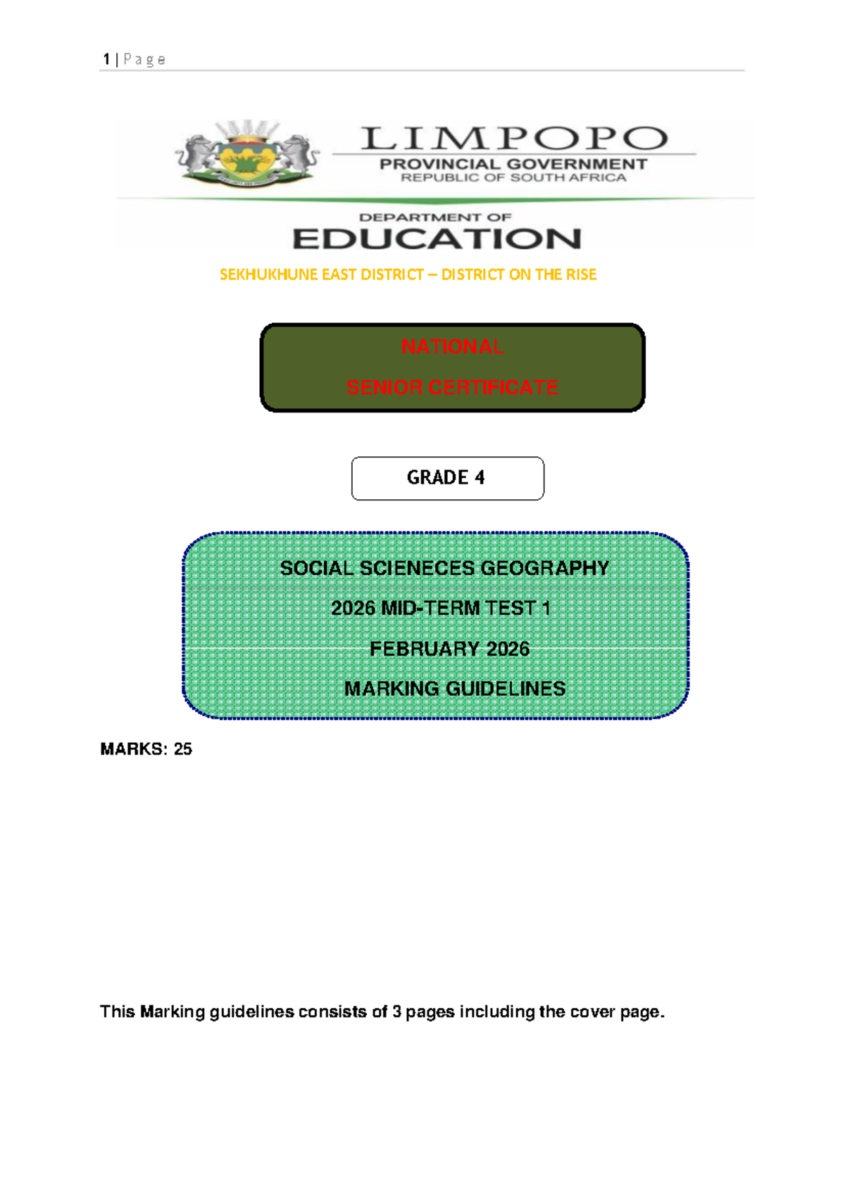 Grade 4 GEOGRAPHY MIDTERM TEST 1 MEMO - FEB 2026 - Studocu
