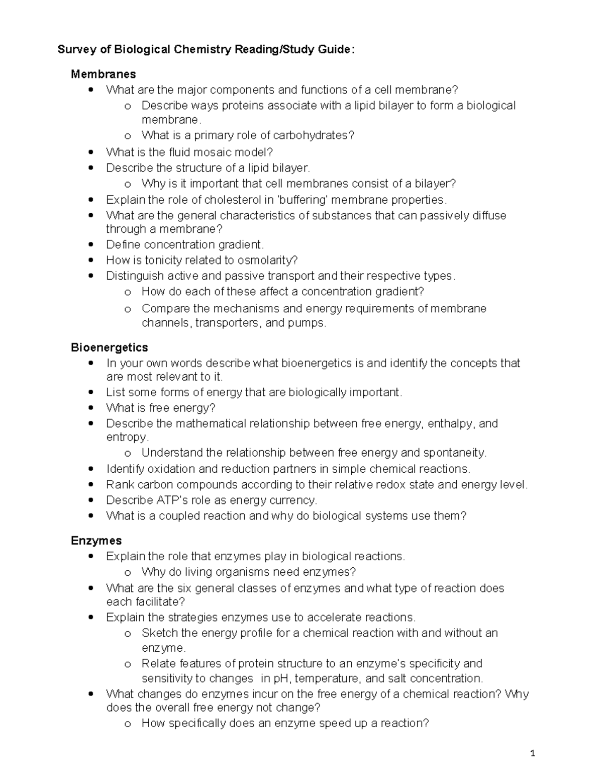 Biological Chemistry Study Guide: Membranes, Enzymes & Metabolism - Studocu