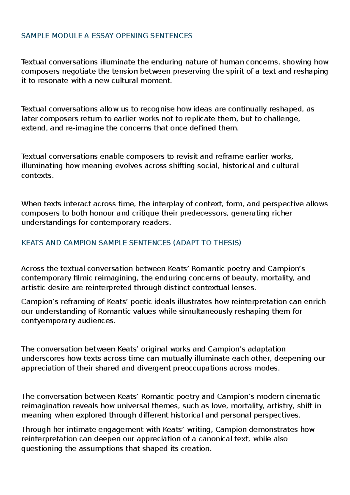 SAMPLE MODULE A ESSAY: Crafting Engaging Opening Sentences - Studocu