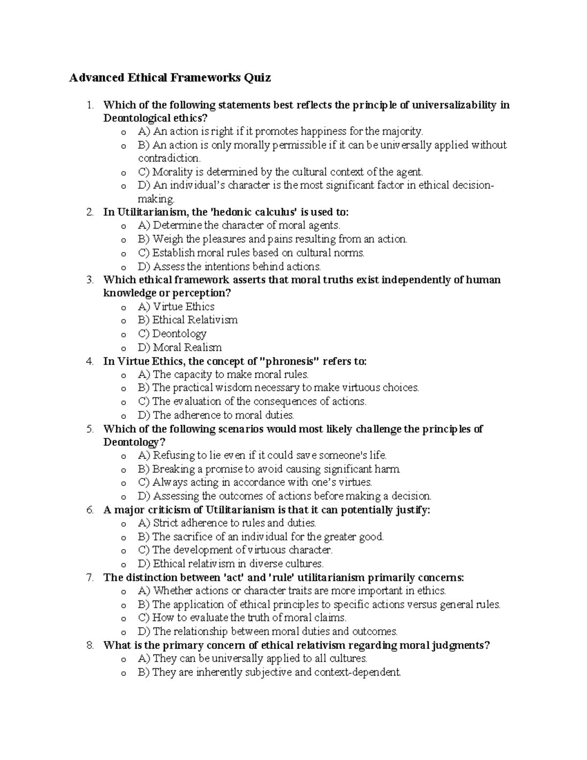 Advanced Ethical Frameworks Quiz 1: Key Concepts and Principles - Studocu