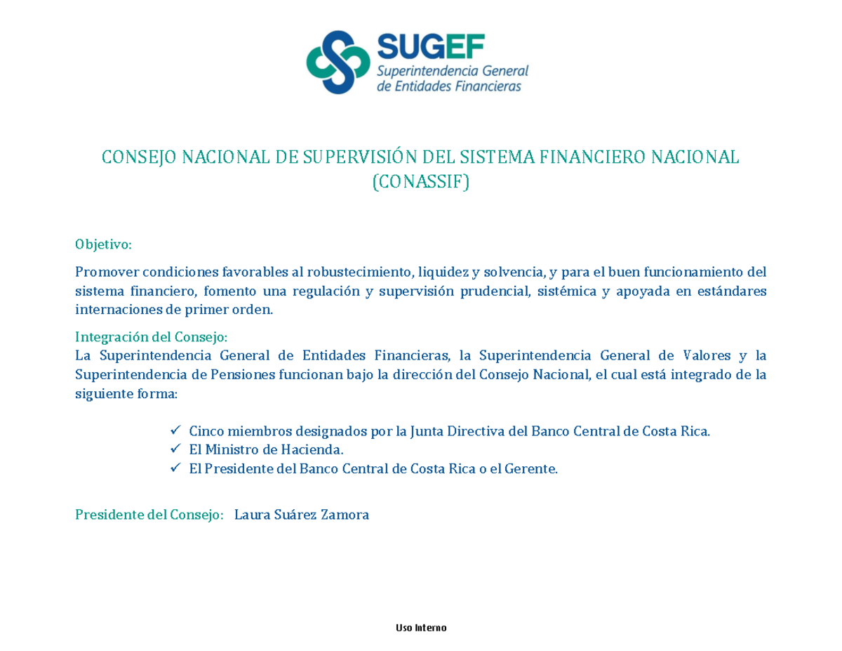 Conassif - Definición y Objetivos del Consejo Nacional Financiero - Studocu