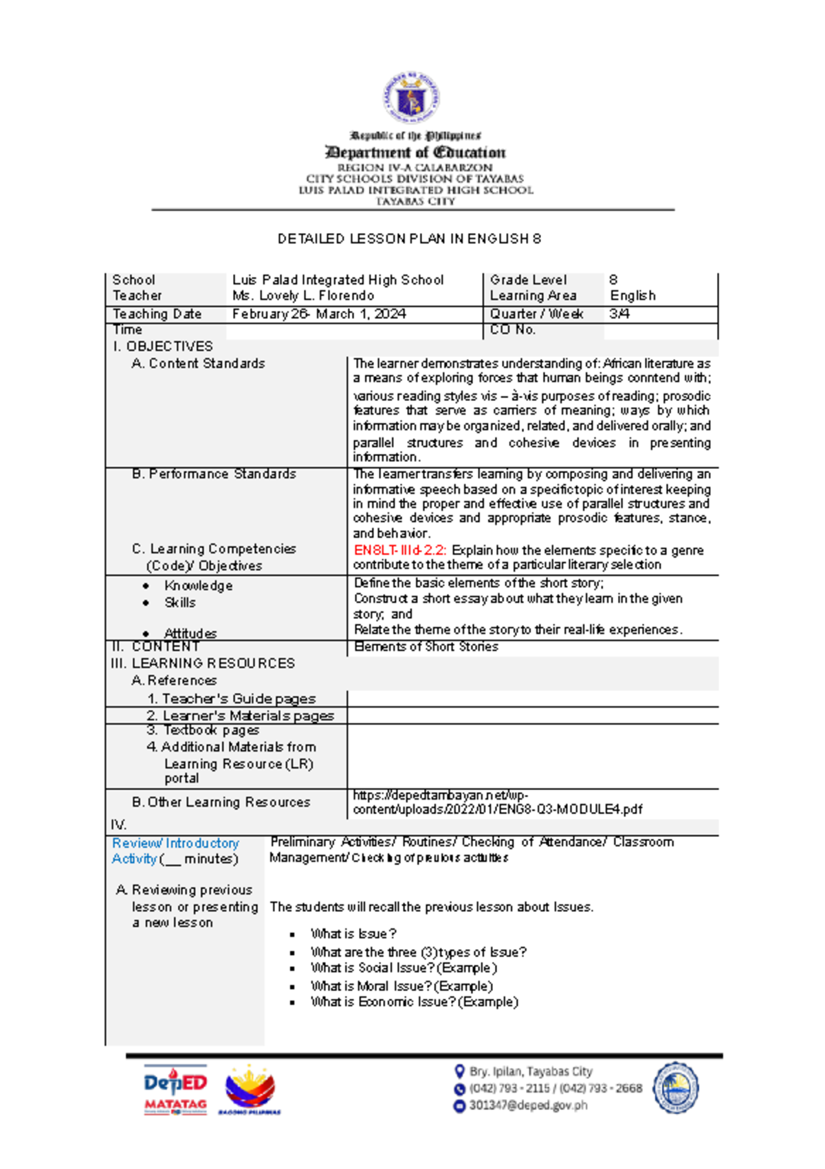 123LP Detailed Lesson Plan: Elements of Short Story for Grade 8 - Studocu