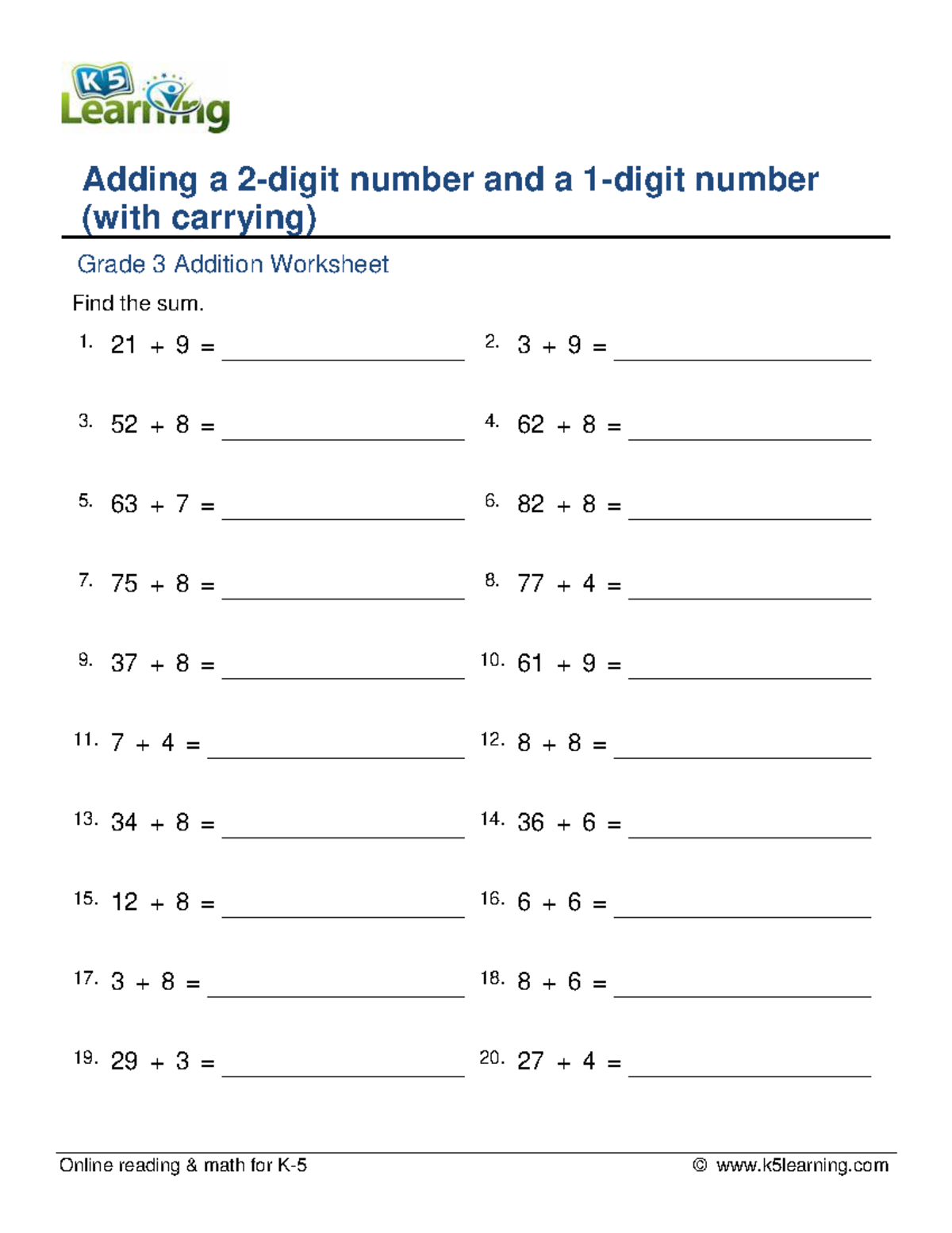 Grade 3 Addition Worksheet: Adding Numbers with Carrying - Studocu