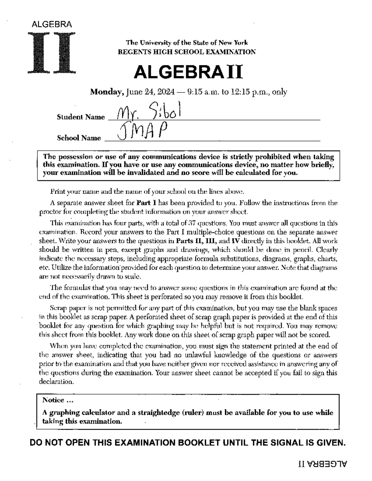 Algebra II Final Exam - June 24, 2024 - Exam Guidelines and ...