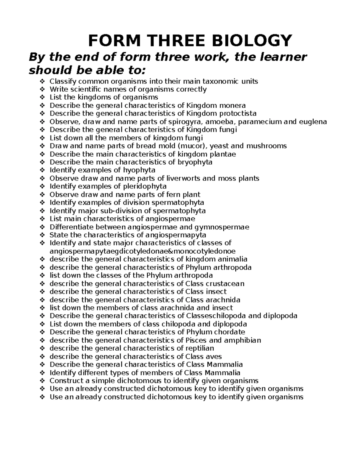 Biology Form 2 Notes for High School - FORM TWO BIOLOGY By the end of ...