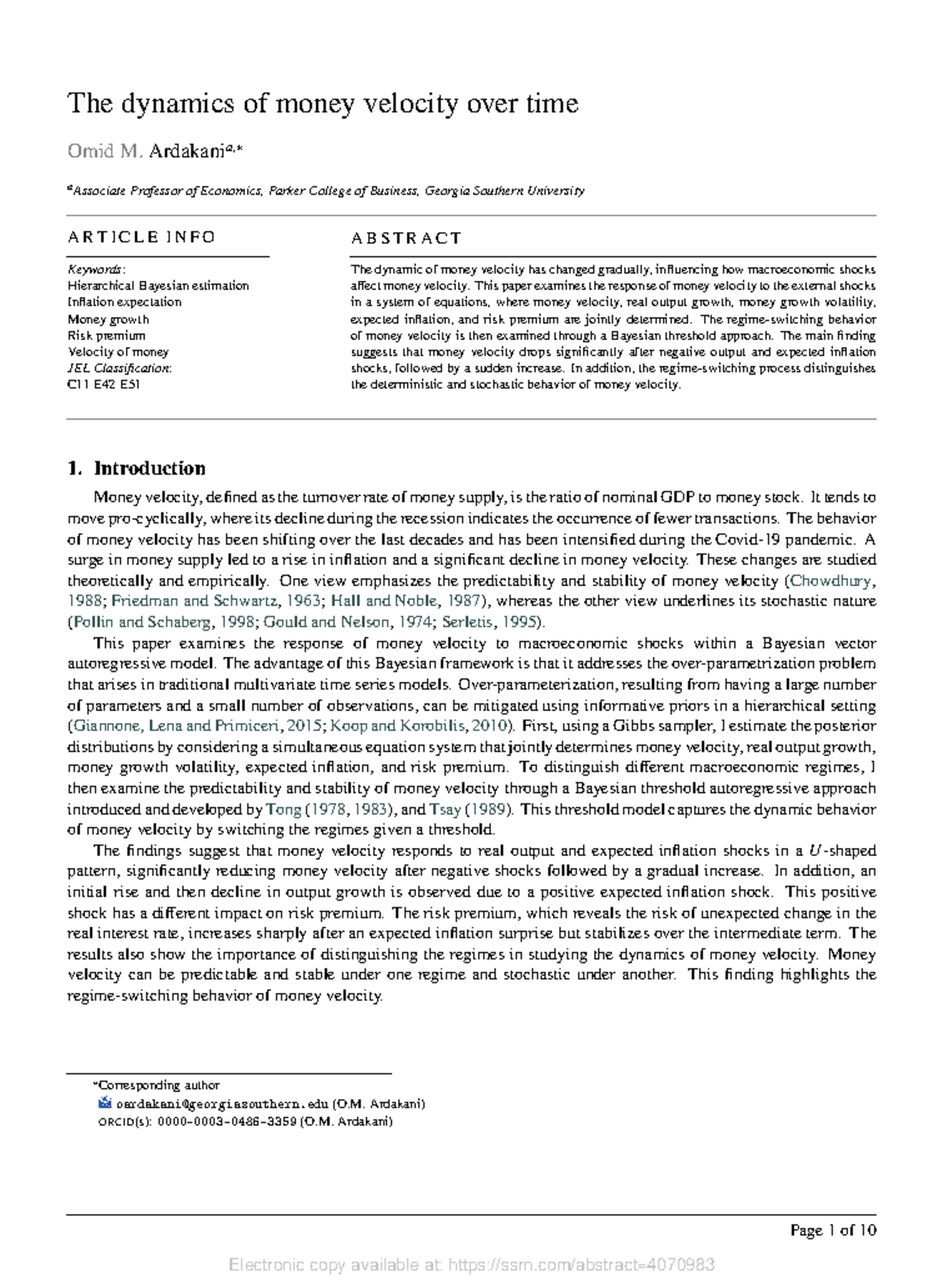 Title: Bayesian Analysis of Money Velocity Dynamics: Economic Shocks ...