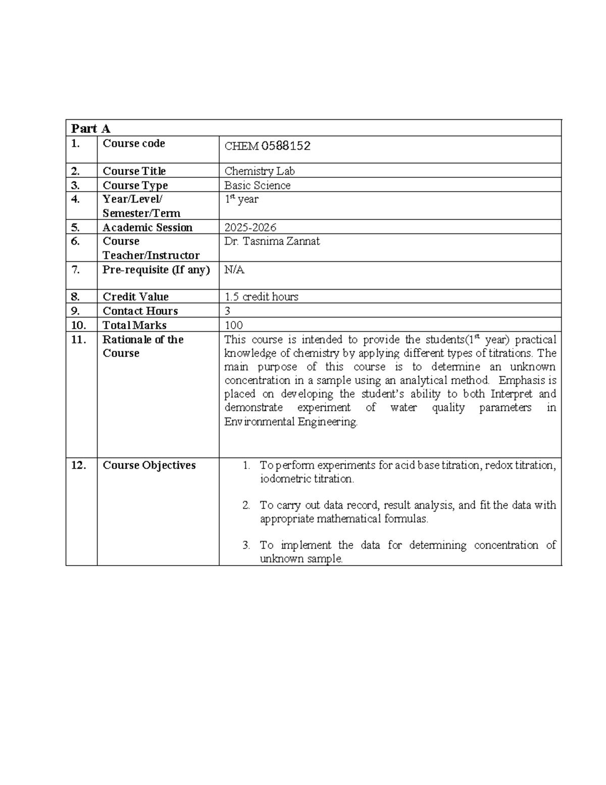 CHEM 0588152: Chemistry Lab Course Outline for 1st Year Students - Studocu