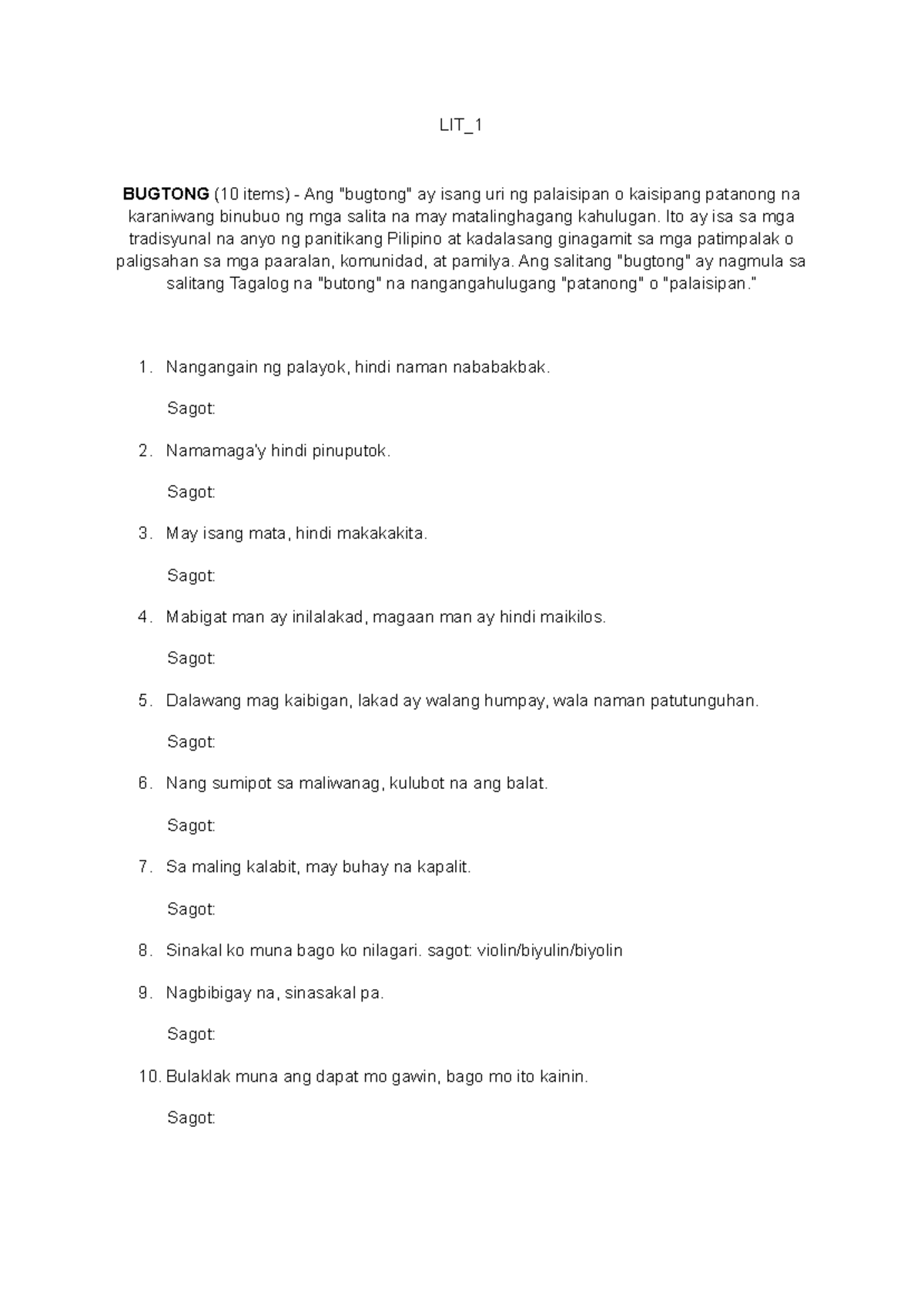 Pagsusulit - LIT_ BUGTONG (10 items) - Ang "bugtong" ay isang uri ng ...