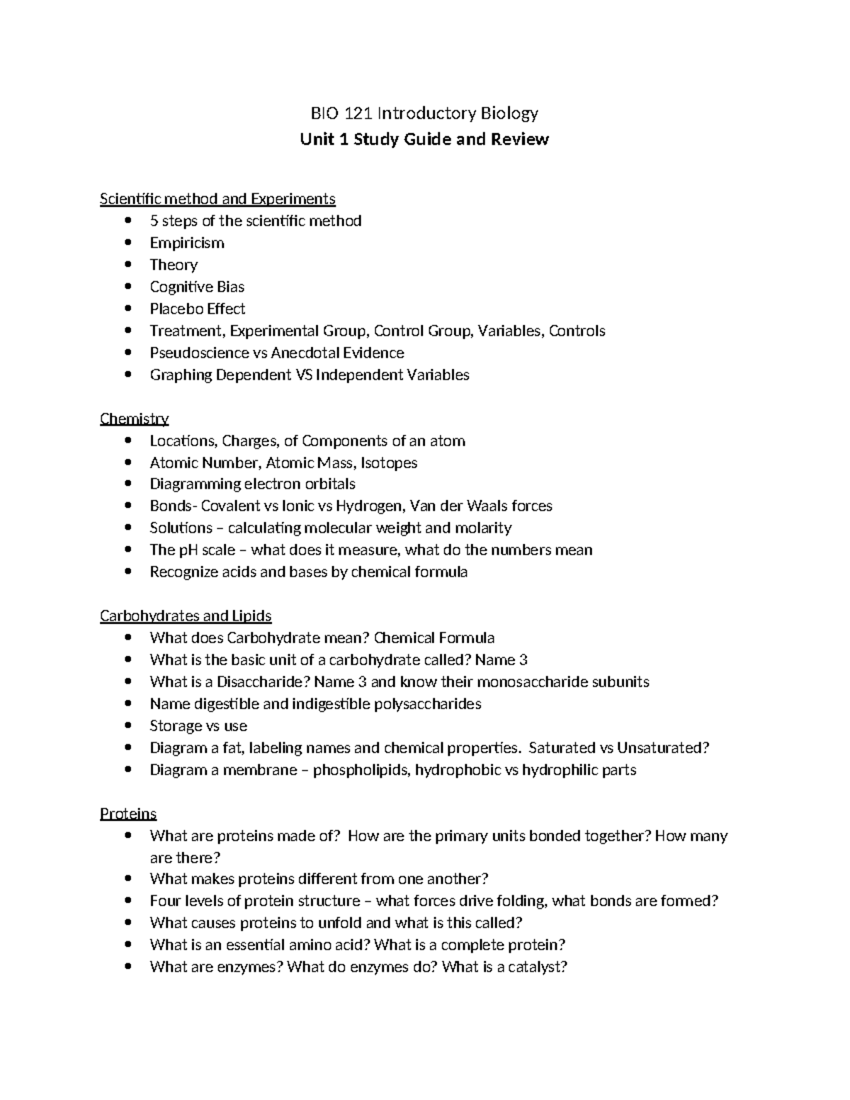 BIO 121 Unit 1 Study Guide: Key Concepts in Introductory Biology - Studocu