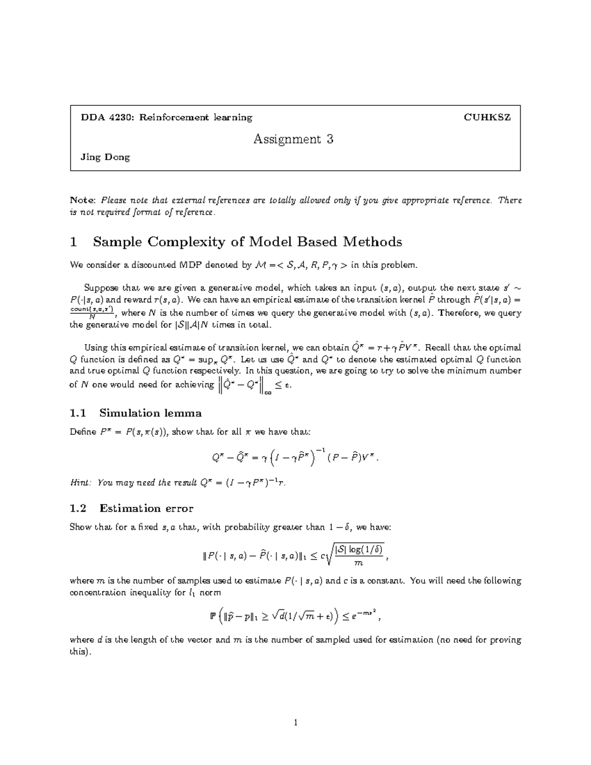 DDA 4230: Assignment 3 Summaries on Reinforcement Learning - Studocu