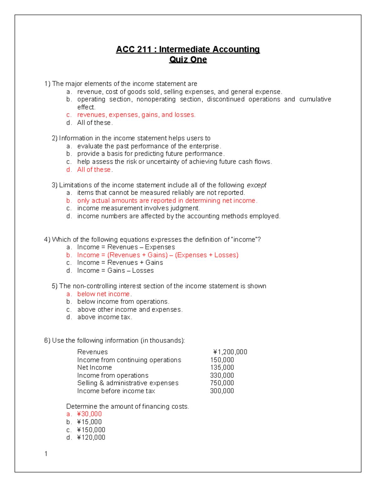 ACC 211: Intermediate Accounting Quiz One - Income Statement Insights ...