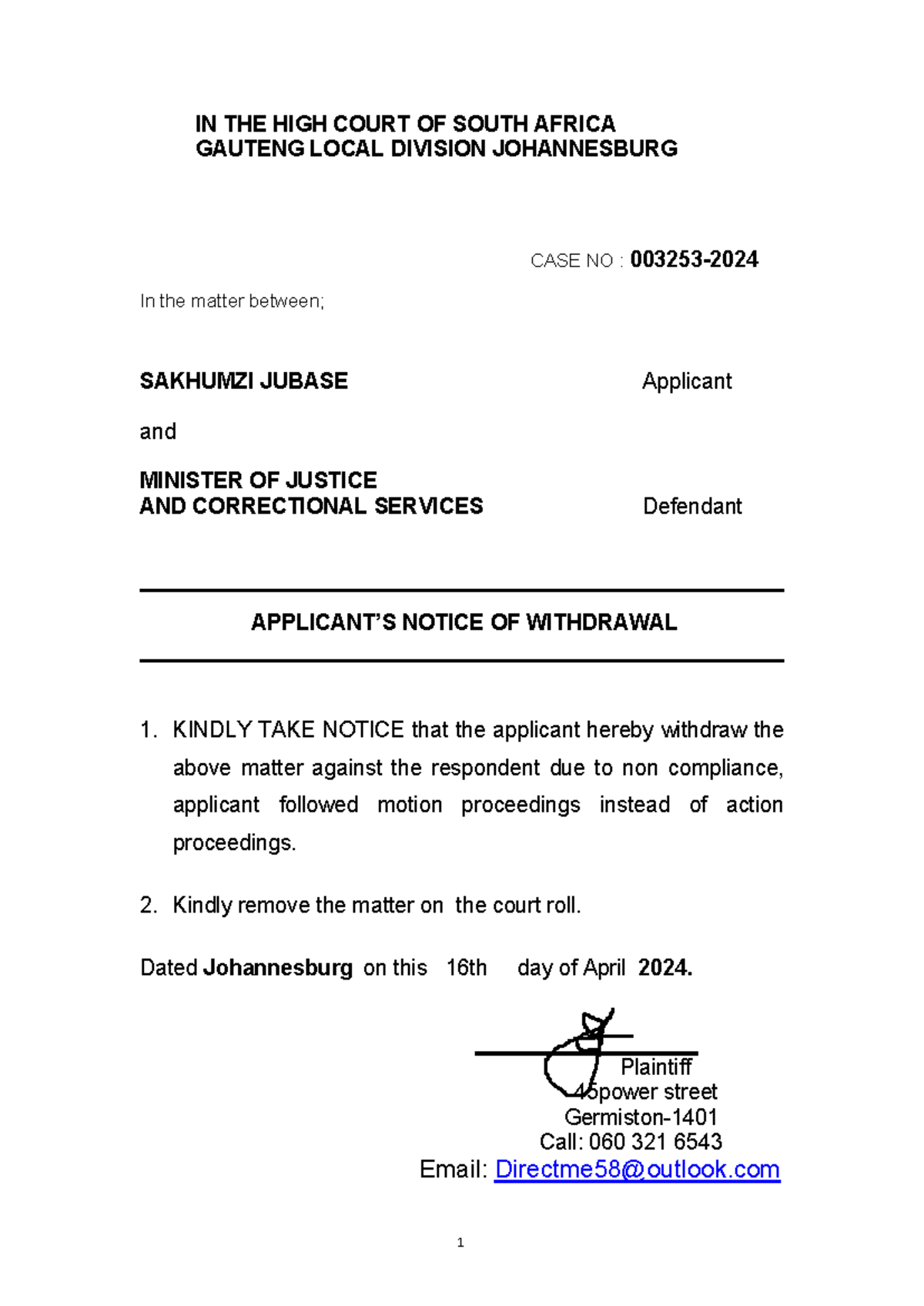 Notice of Withdrawal - Case No: 003253 - High Court Johannesburg - Studocu