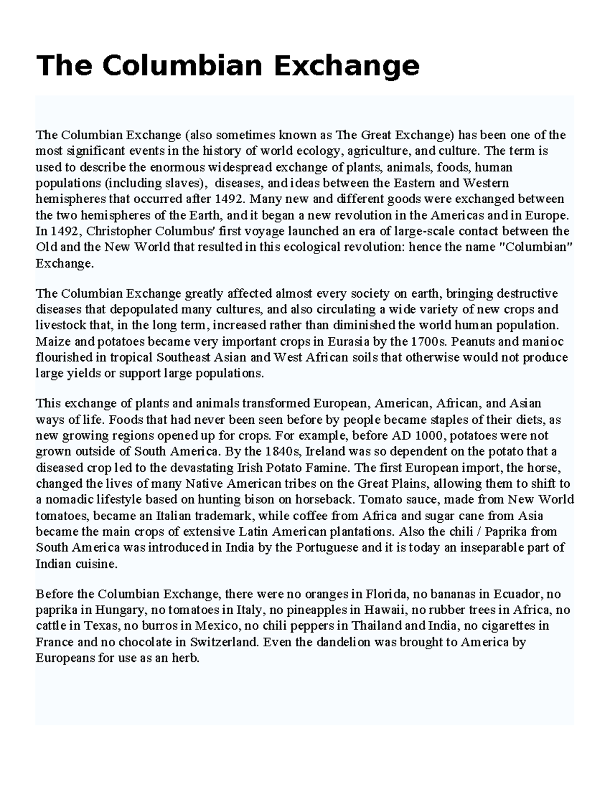 The Columbian Exchange Reading Activity - The Columbian Exchange The ...