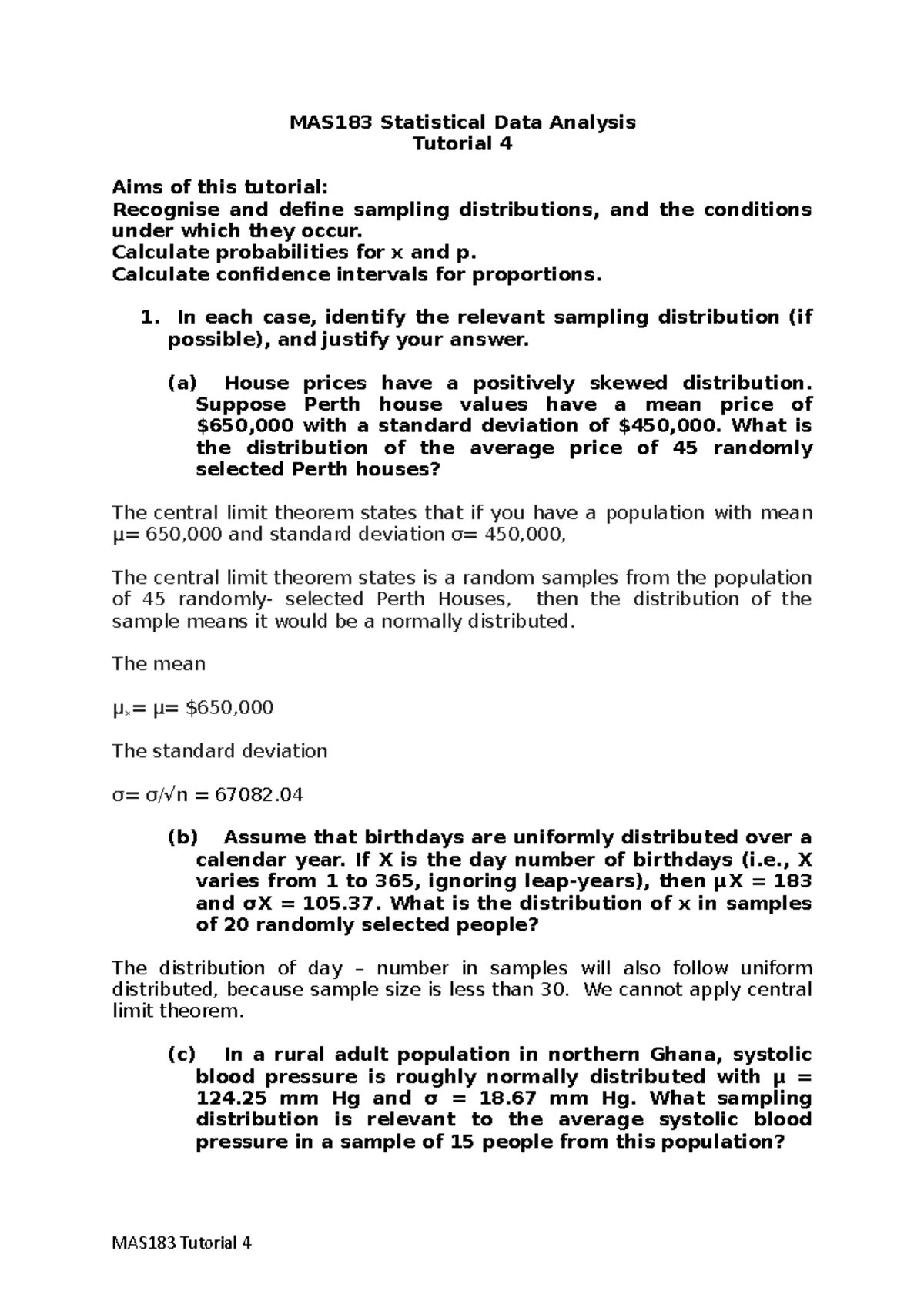 Tut 5 notes - tute 5 answers - Page 1 of 2 MAS183 Statistical Data ...