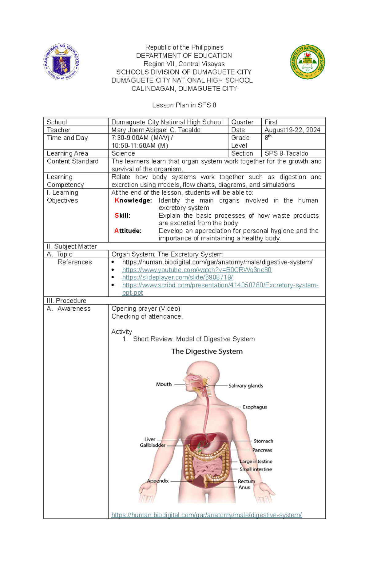 Excretory System - Republic of the Philippines DEPARTMENT OF EDUCATION ...
