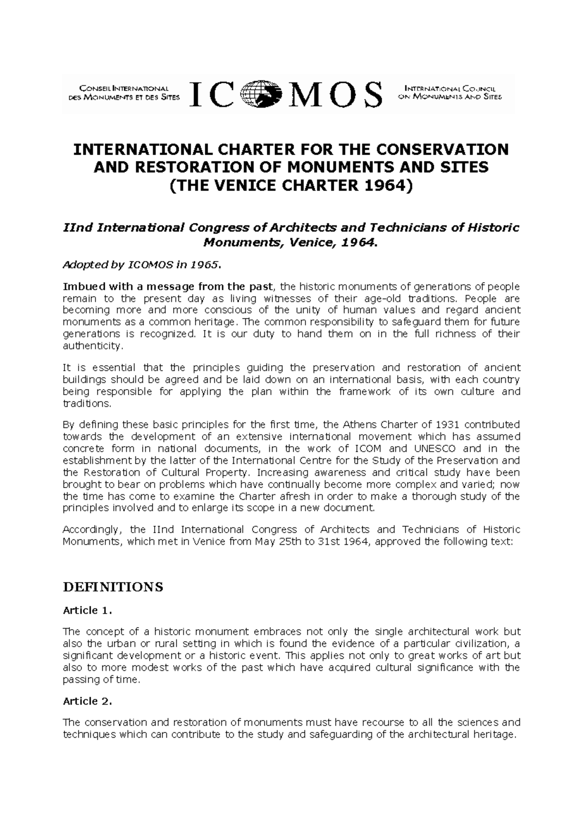 Venice Charter 1964: Principles for Conservation & Restoration of ...