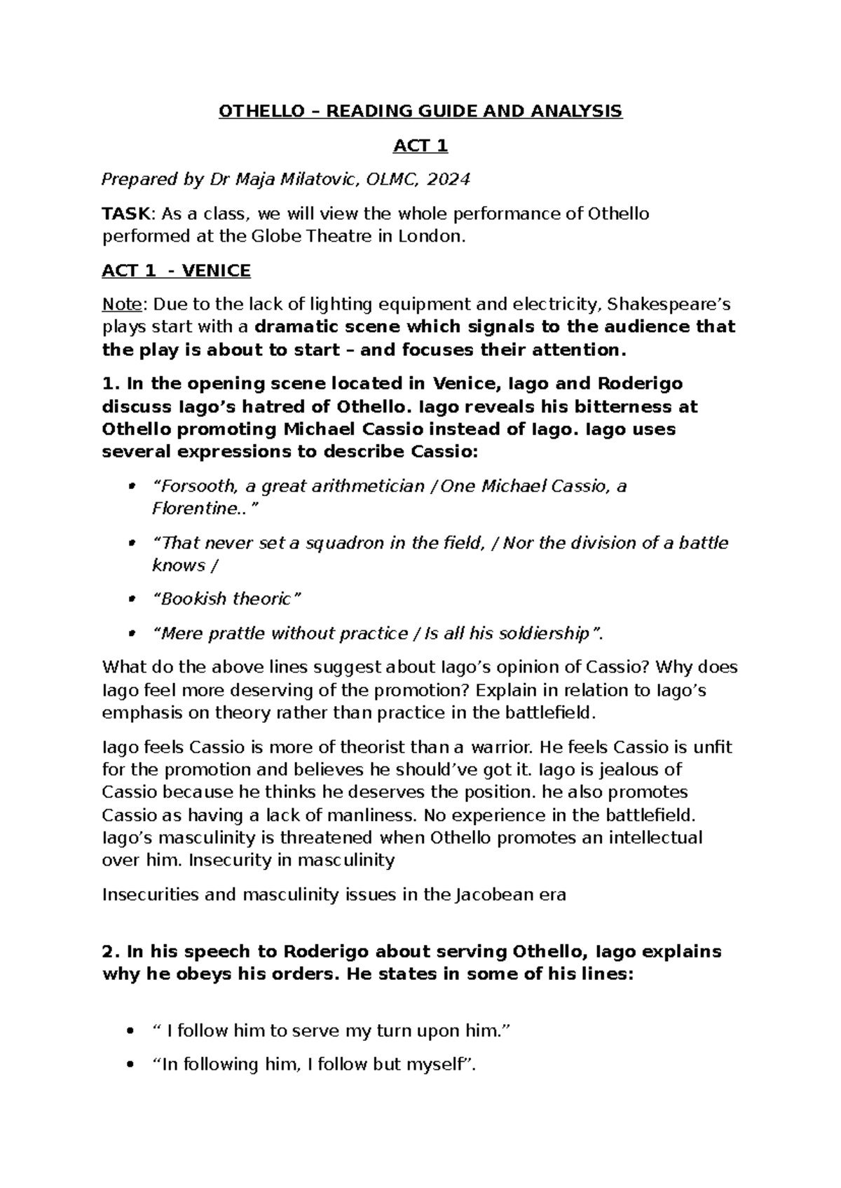 Othello (ENG 101) Act 1 Close Reading: Themes of Racism and Deception ...