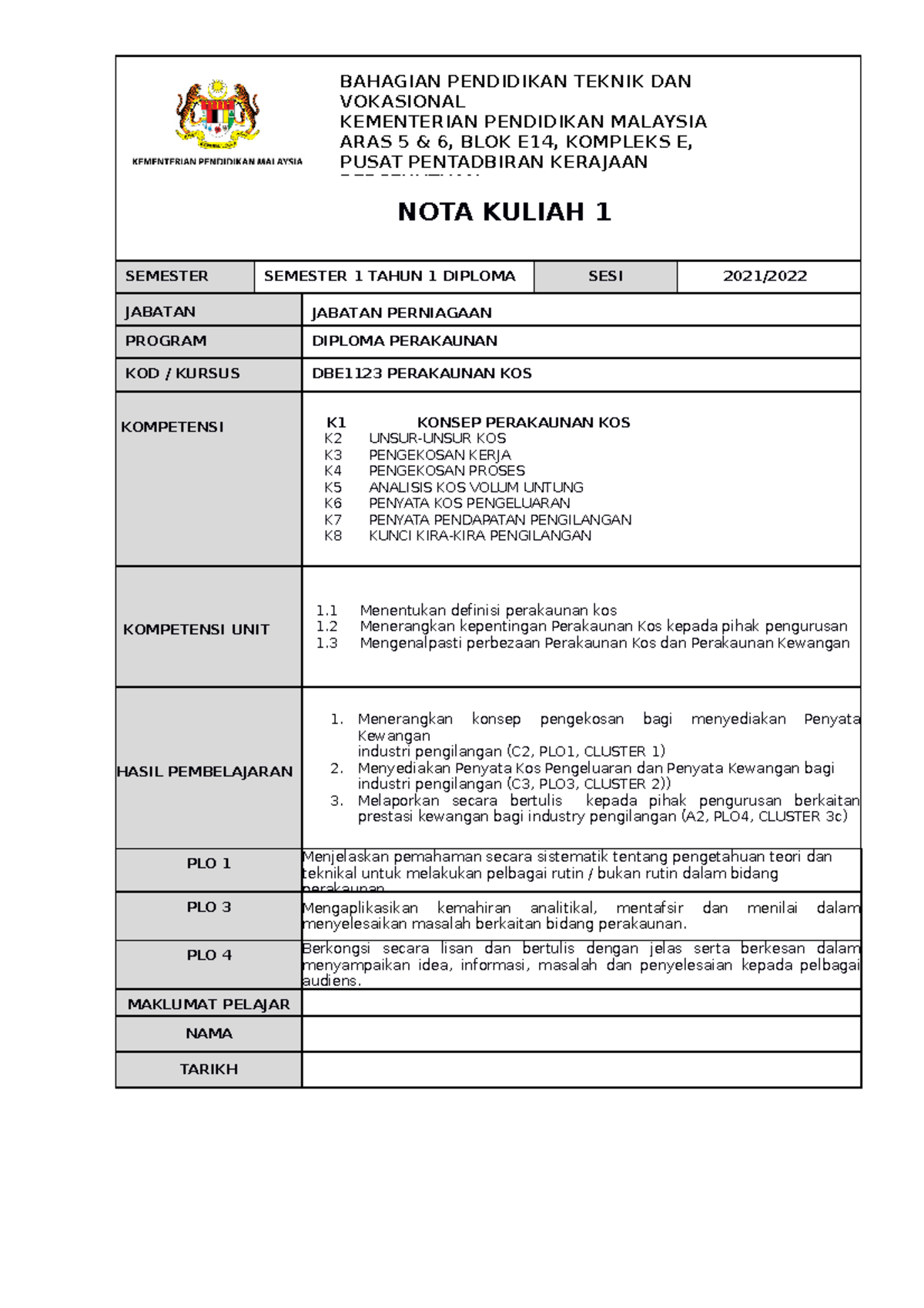 DBE1123 Nota Kuliah 1: Pengenalan Perakaunan Kos dan Analisis - Studocu