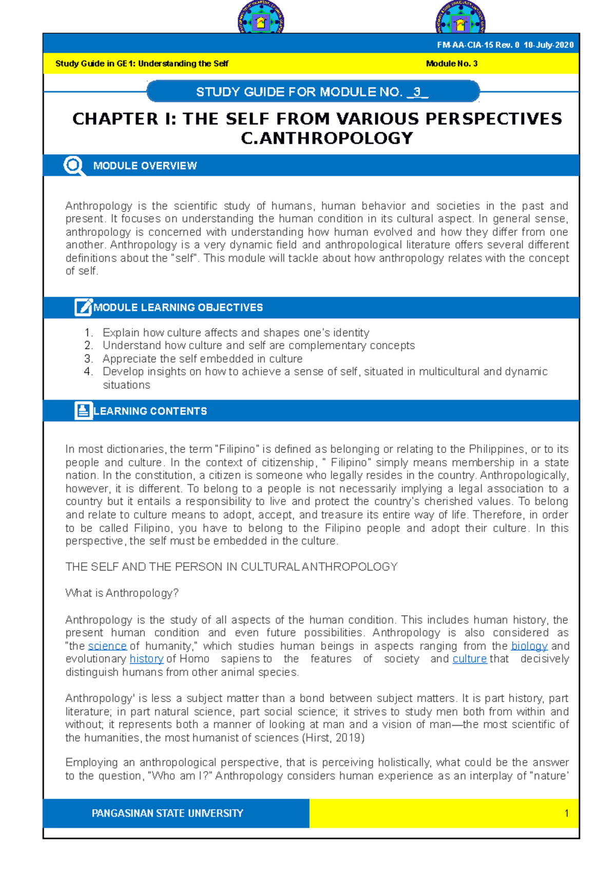 GE1 Module 3 - Anthropology - Understanding the Self - PangSU - Studocu