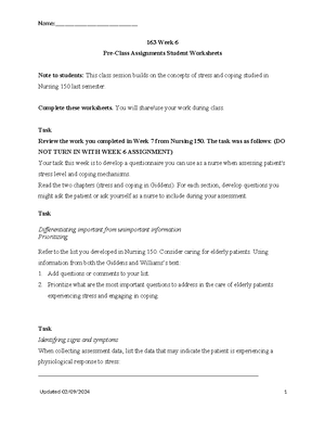 NUR 163 Week 5 Pre-Class Assignment - 163 Week 5 Pre-Class Student Worksheets Note to students ...
