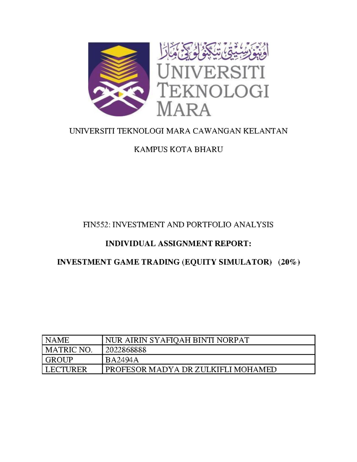 Individual Assignment Game - UNIVERSITI TEKNOLOGI MARA CAWANGAN ...