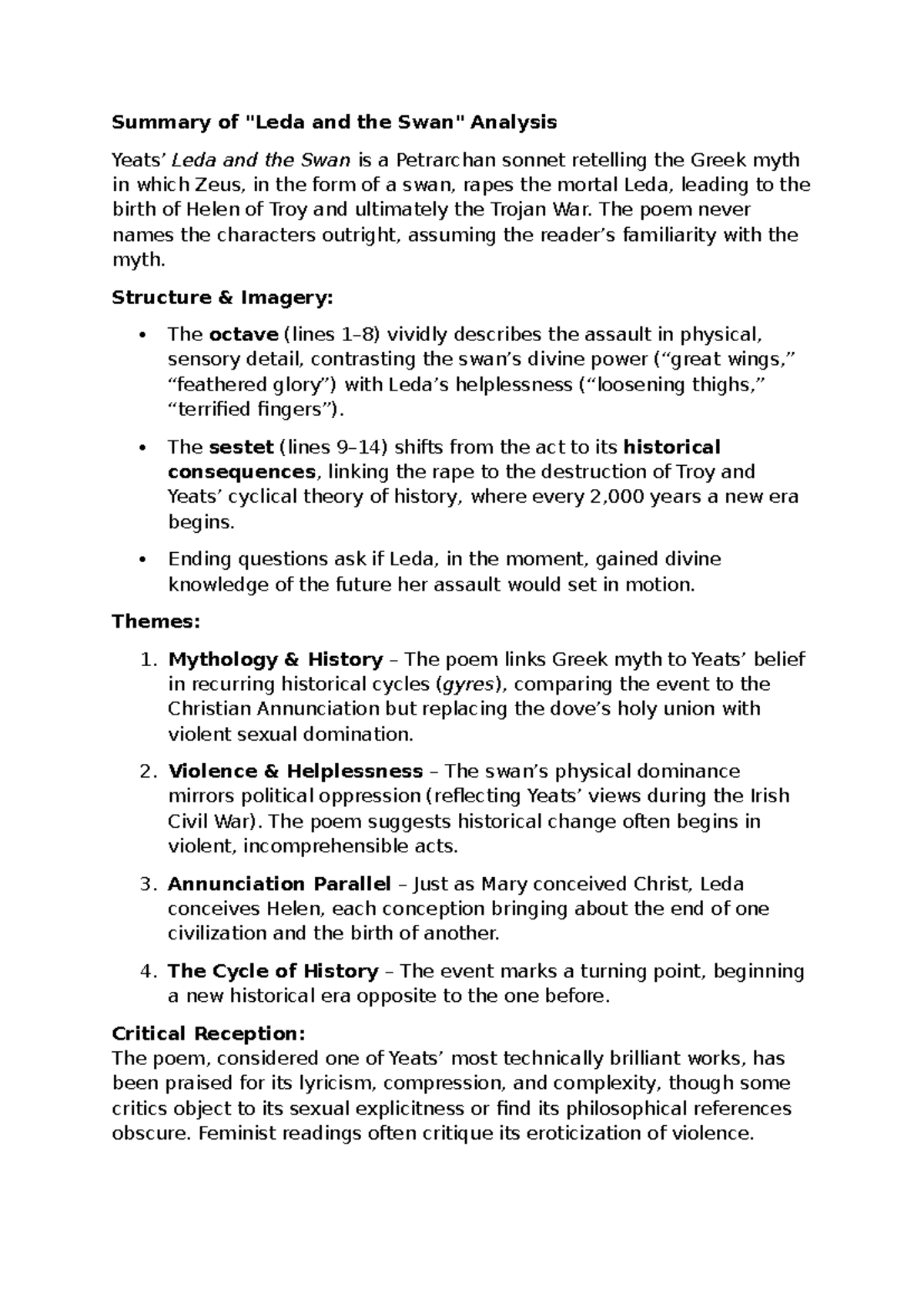 LIT101: Leda and the Swan - Summary and Analysis Notes - Studocu