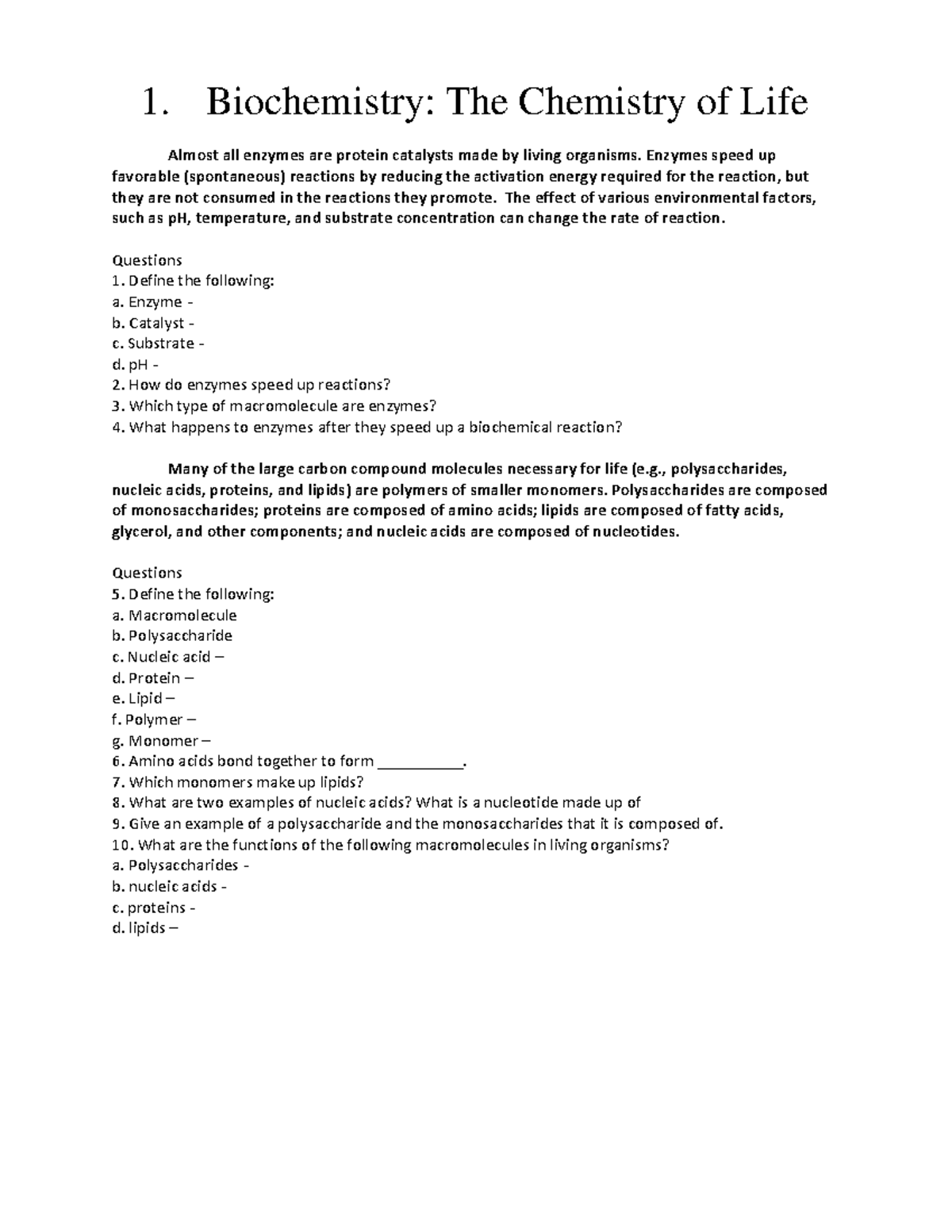 Biochemistry worksheet - 1. Biochemistry: The Chemistry of Life Almost ...