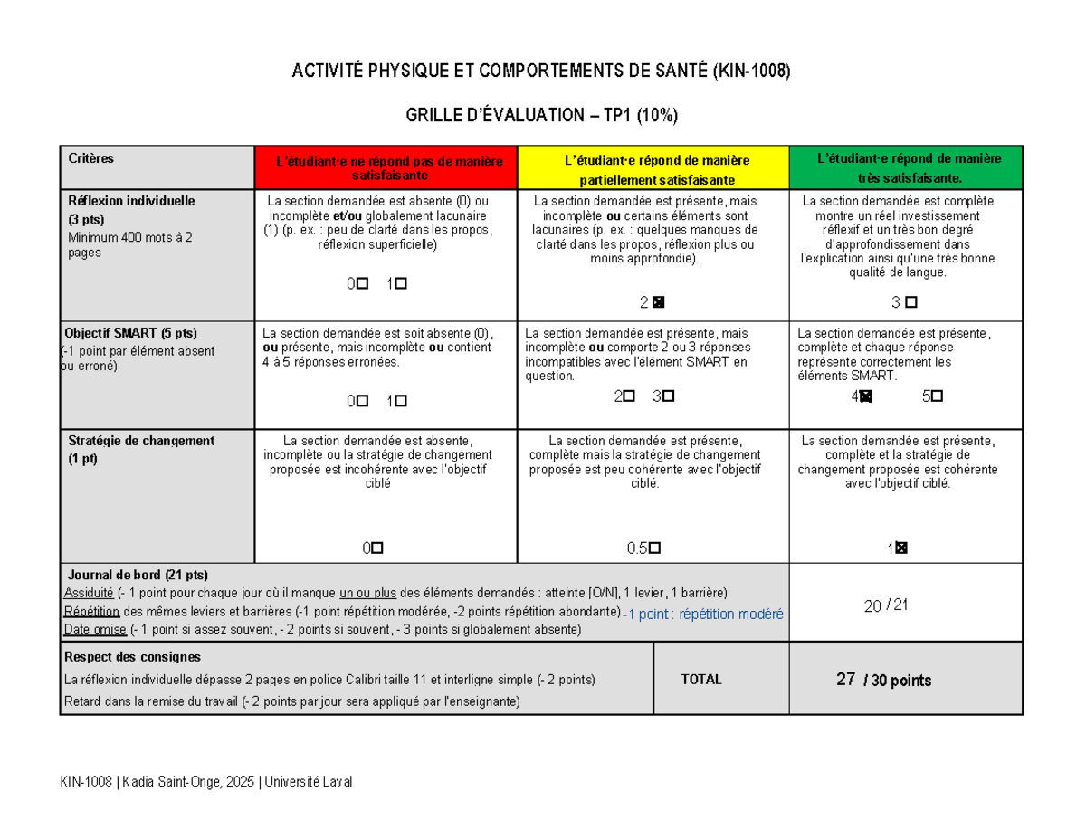 Grille d'Évaluation TP1 KIN-1008 H2025 : Activité Physique et Santé - Studocu