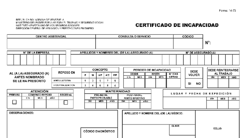 IVSS Certificado de Incapacidad - Forma 14-73 (Año 2025) - Studocu